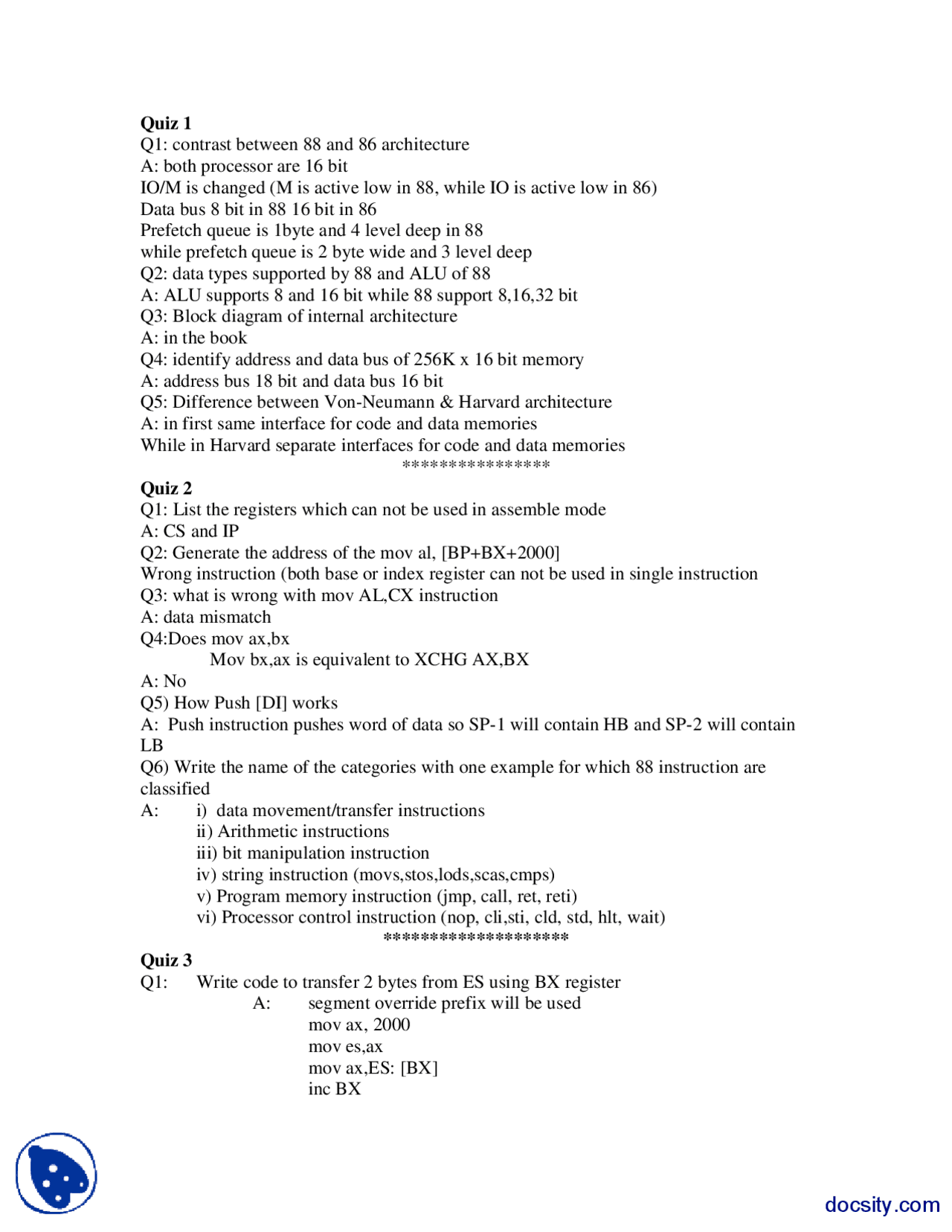 Introduction To Microprocessor Microprocessors Quiz And Solution