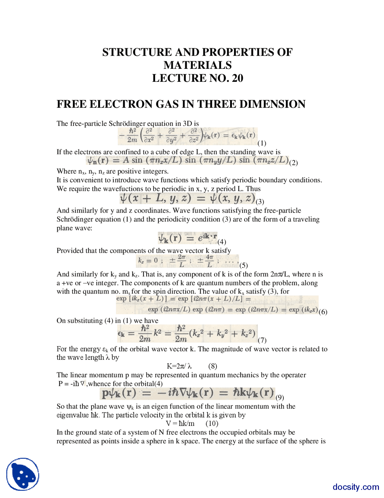 Free Electron Gas in Three Dimension-Mechanics of Materials-Handout ...