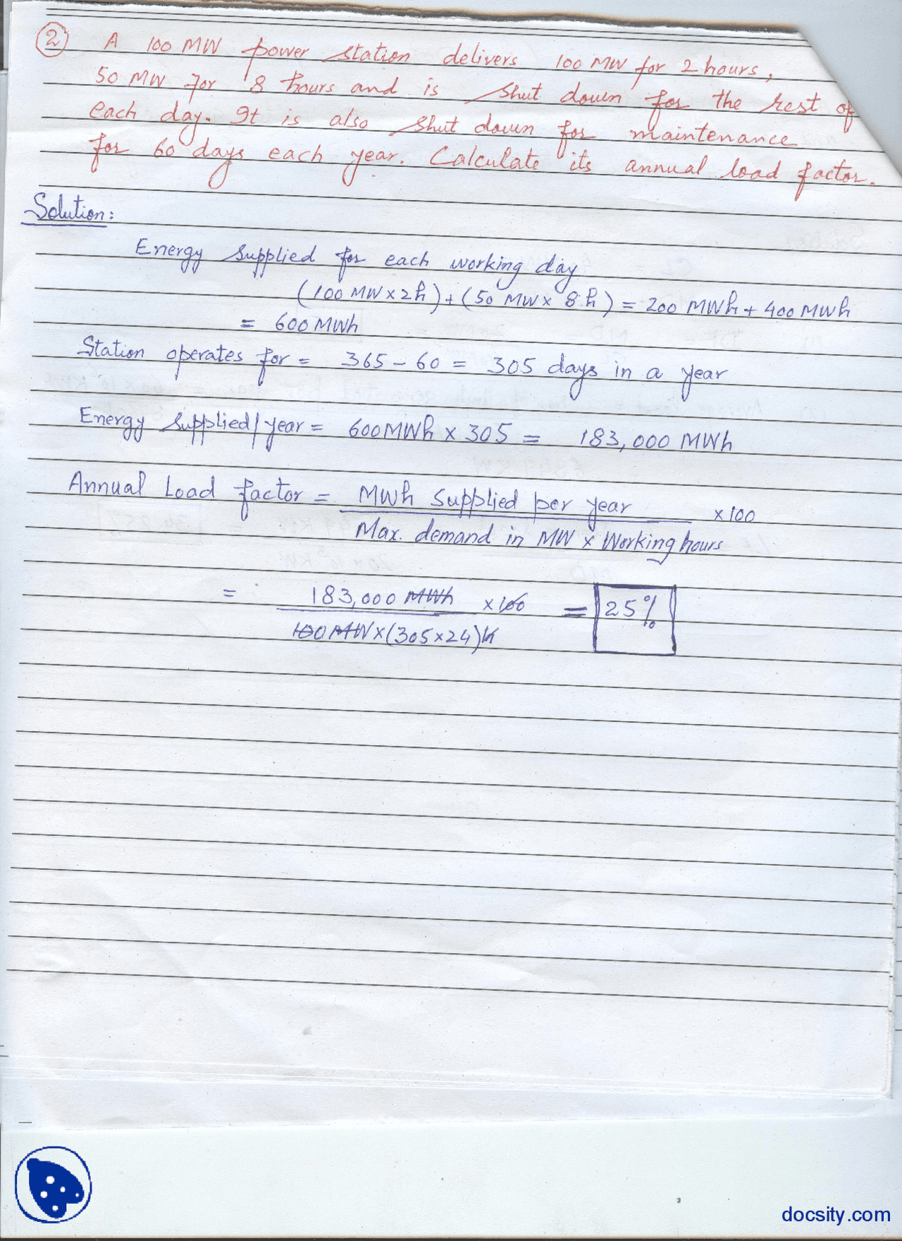 Annual Load Factor Power Distribution And Utilization Assignment