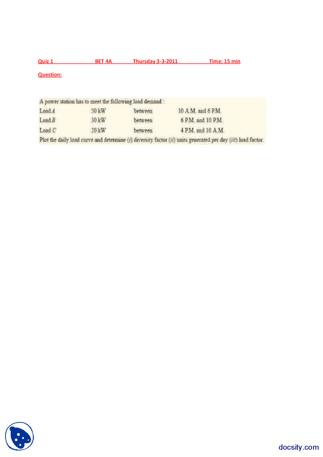 Density Factor And Load Factor Power Distribution And Utilization Quiz