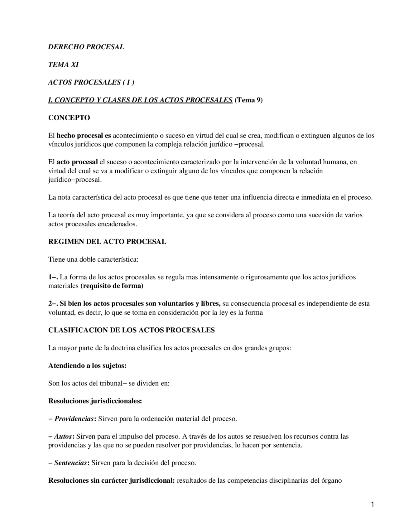 Tipología del Acto Procesal - Derecho Procesal Español - Apuntes - Docsity