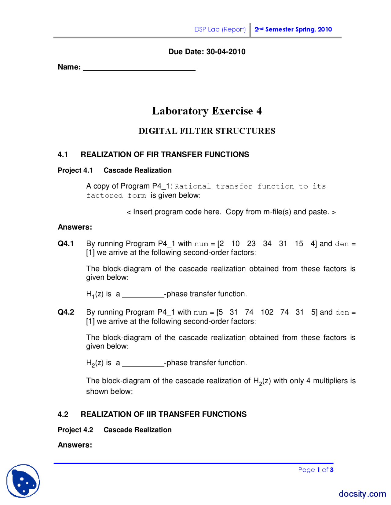 Digital Filter Structure-Digital Signal Processing-Lab Exercise - Docsity