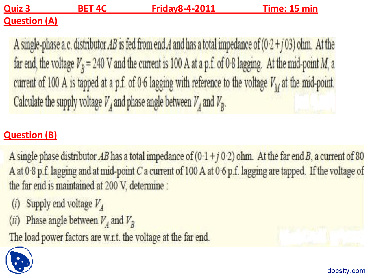 Supply Voltage and Phase Angles-Power Distribution and Utilization-Assignment - Docsity
