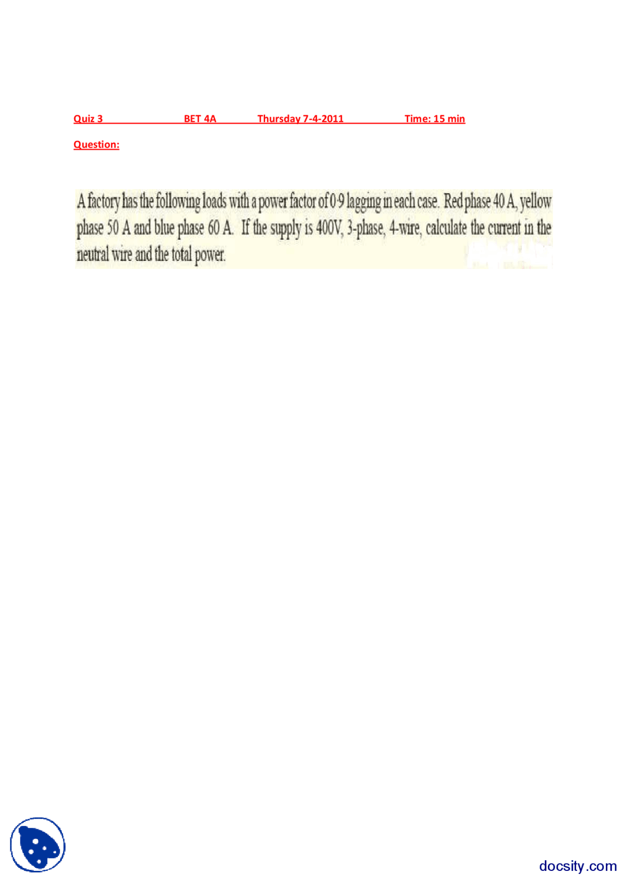 Total Power In 3 Phase Power Distribution And Utilization Quiz Docsity