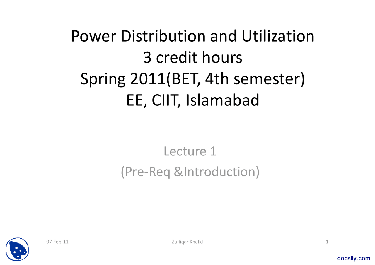 Introduction Power Distribution And Utilization Lecture Slides Docsity
