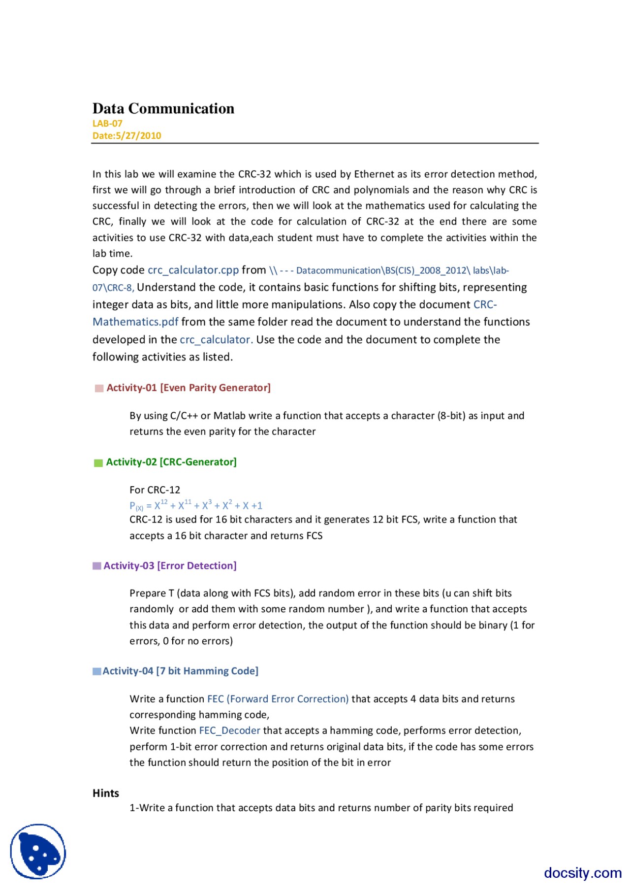 CRC 32-Data Communication-Lab Assignmernt - Docsity