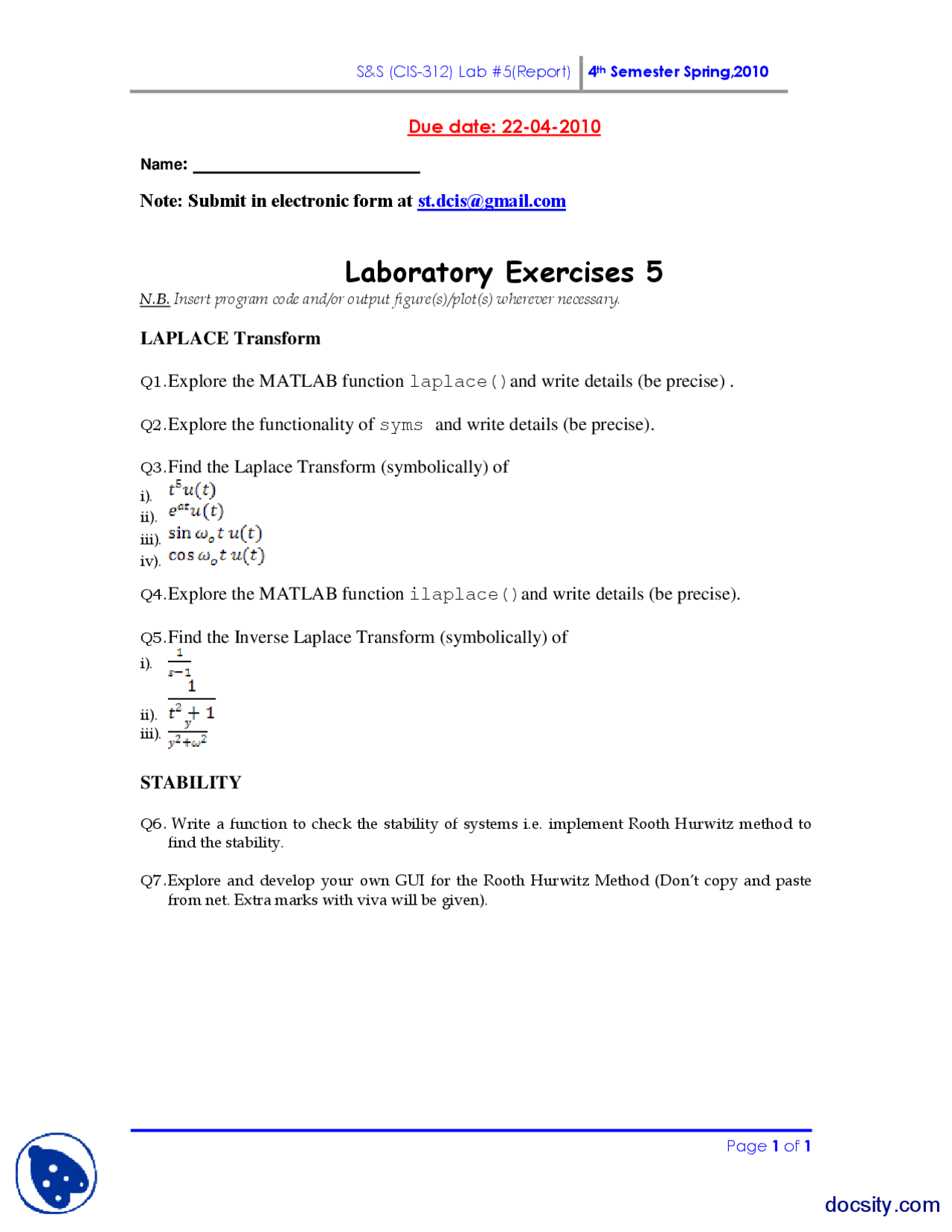 Laplace Transform Signals And Systems Theory Lab Lecture Docsity