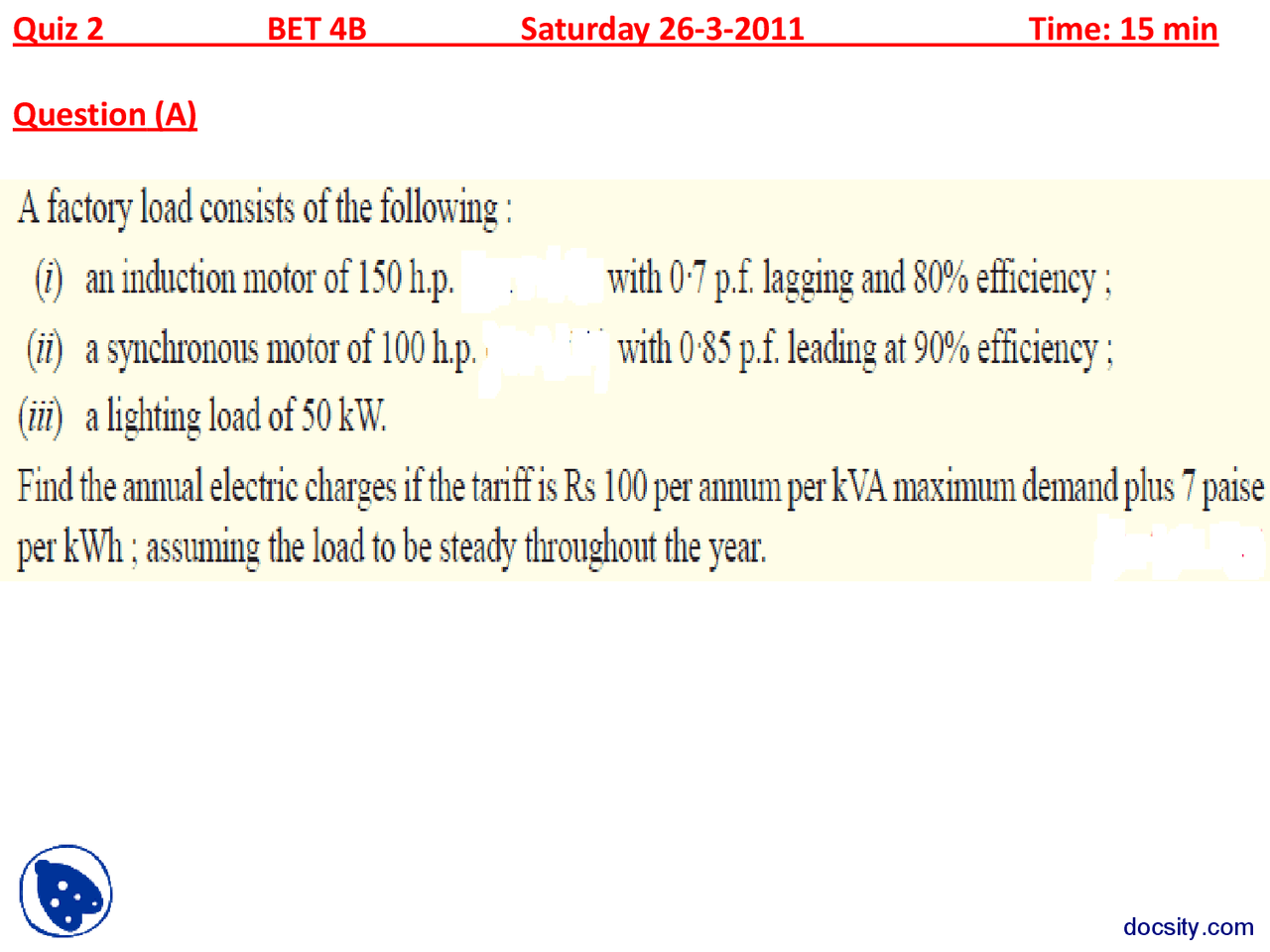Annual Electric Charges-Power Distribution and Utilization-Quiz - Docsity
