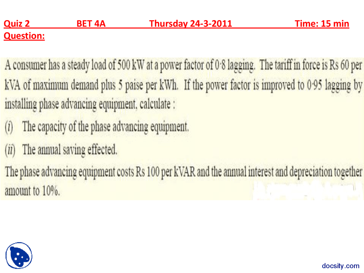 Phase Advancing Effect Power Distribution And Utilization Quiz Docsity