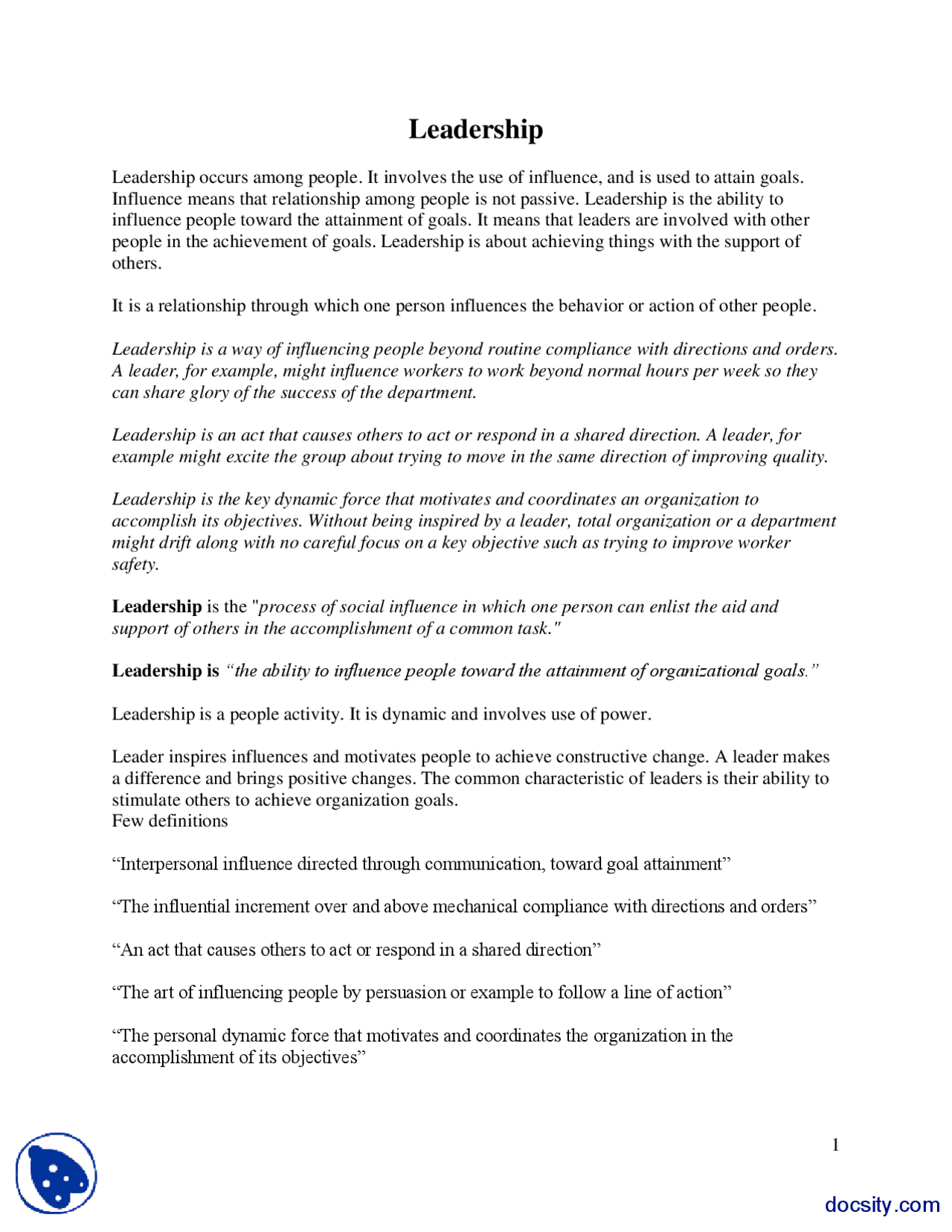 Leadership-Management Course-Lecture Slides - Docsity