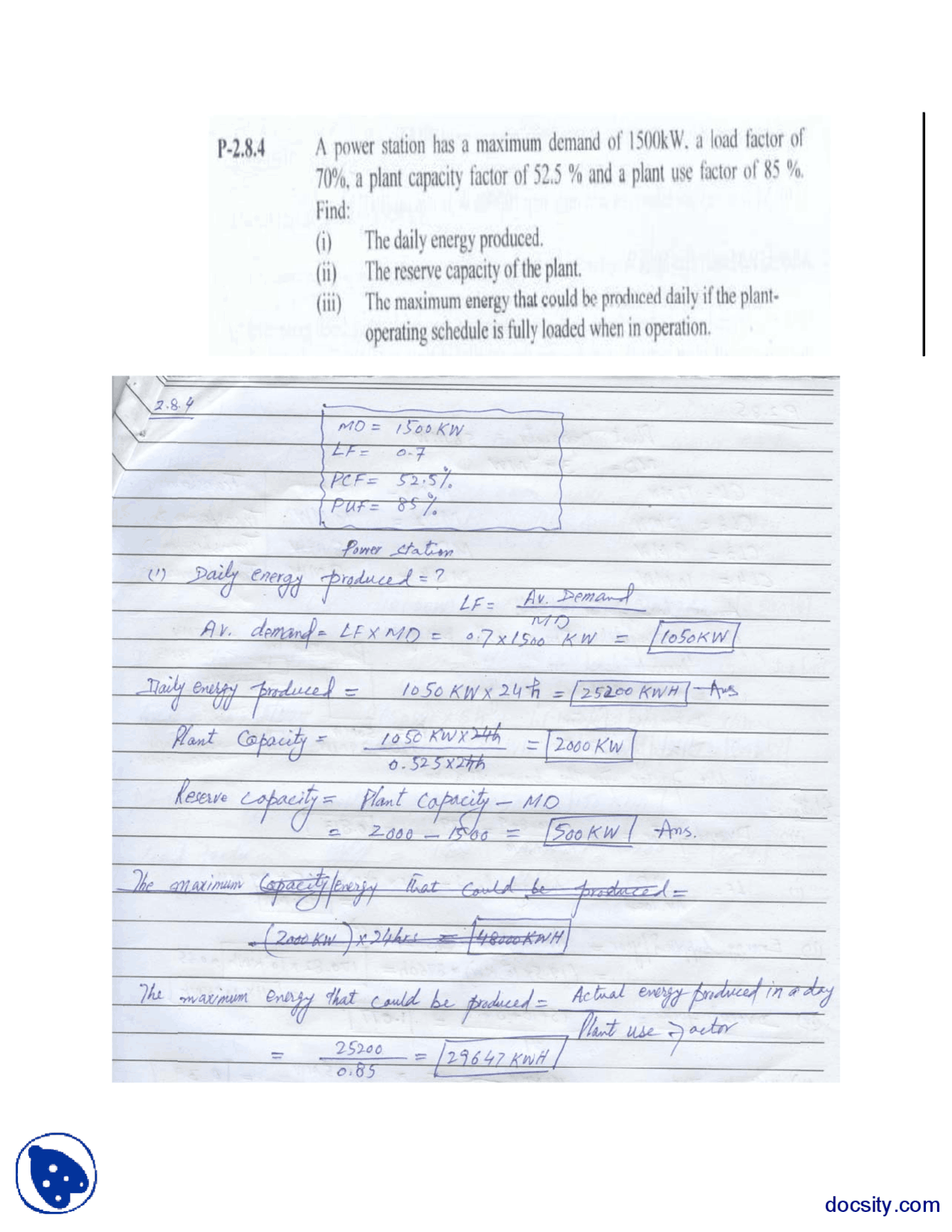 Power Plant Operating At Full Load-Power Distribution and Utilization-Assignment Solution - Docsity