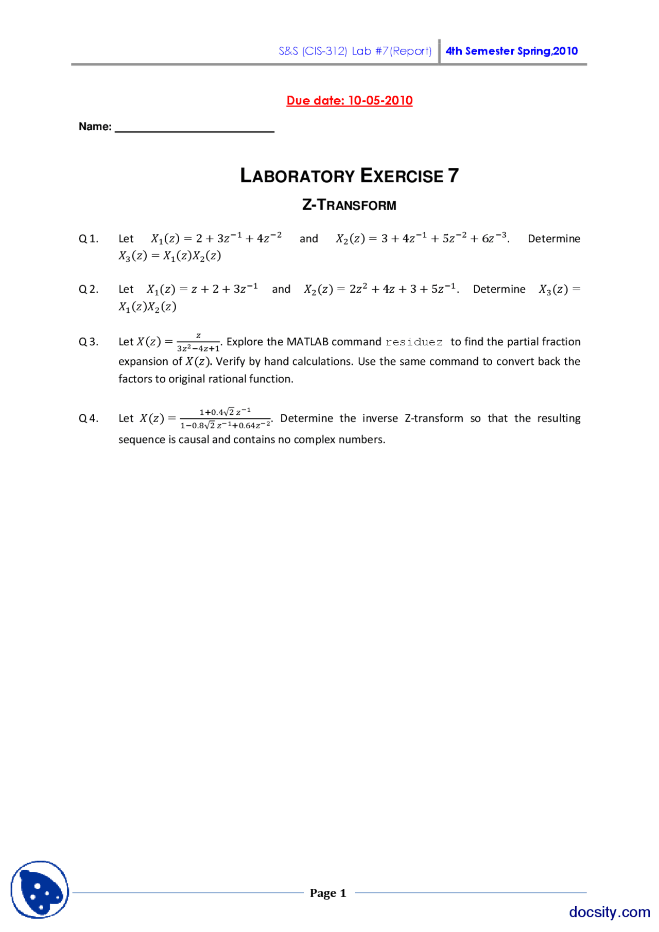Z Transform Signals And Systems Theory Lab Lecture Docsity