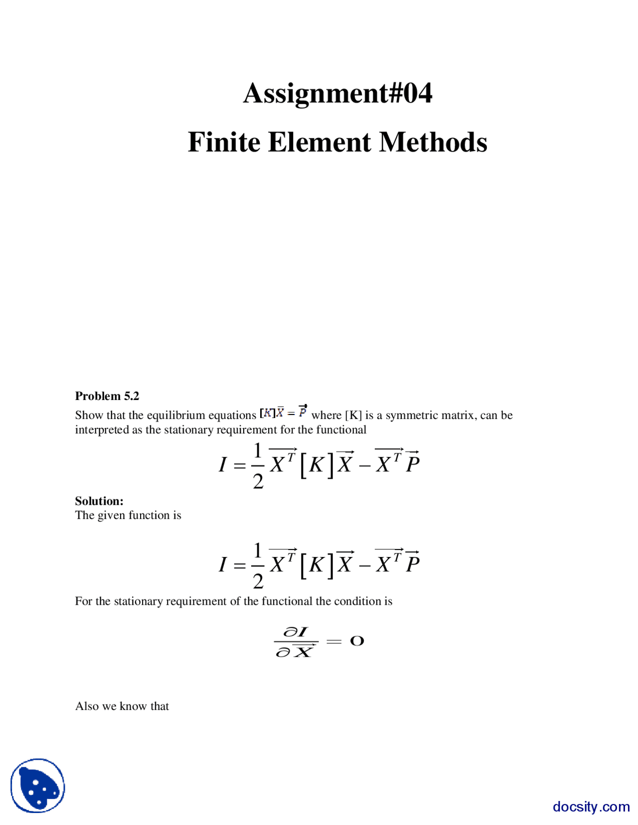 Symmetry Matrix Finite Element Method Assignment Solution Docsity