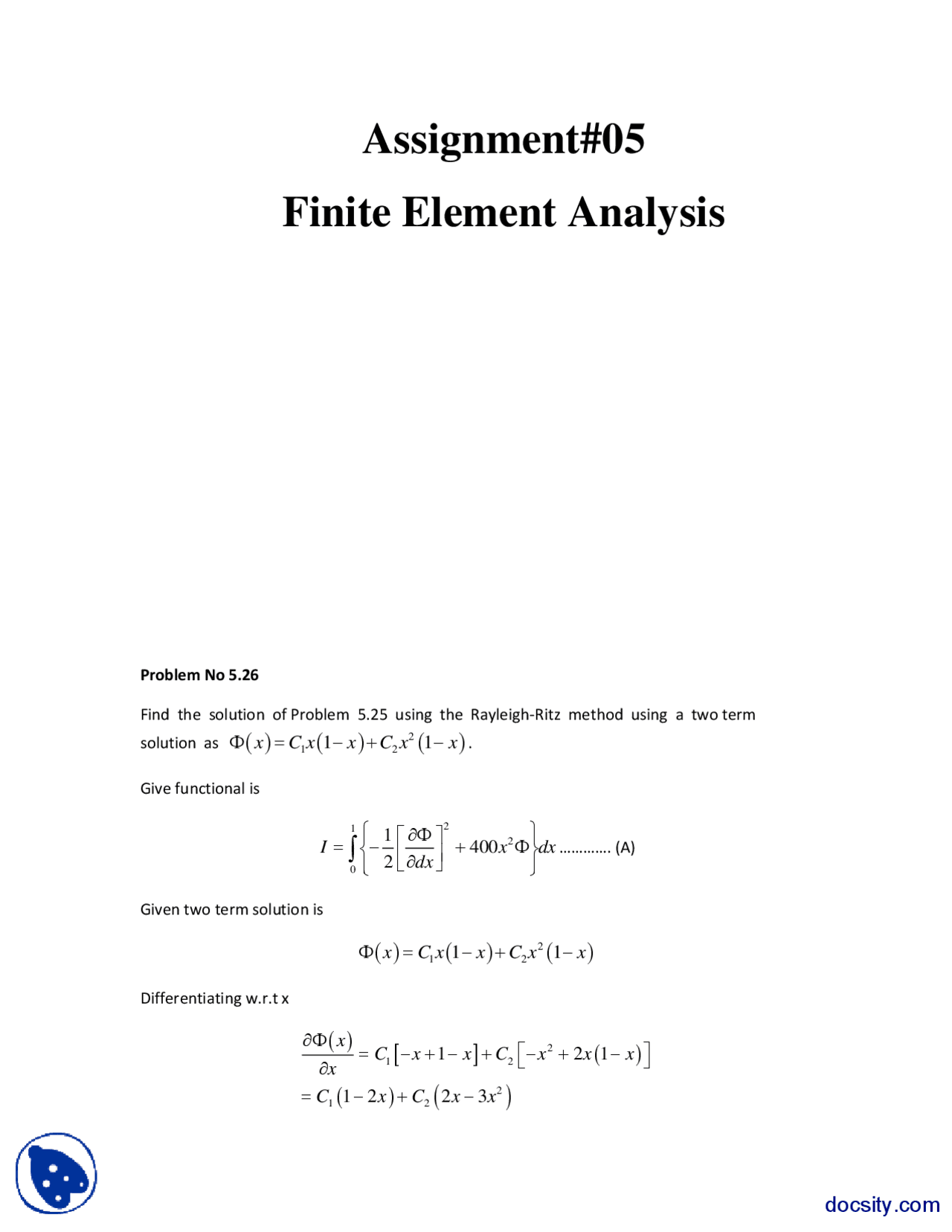 Rayleigh Ritz Method 1 Finite Element Method Assignment Solution Exercises Mathematical