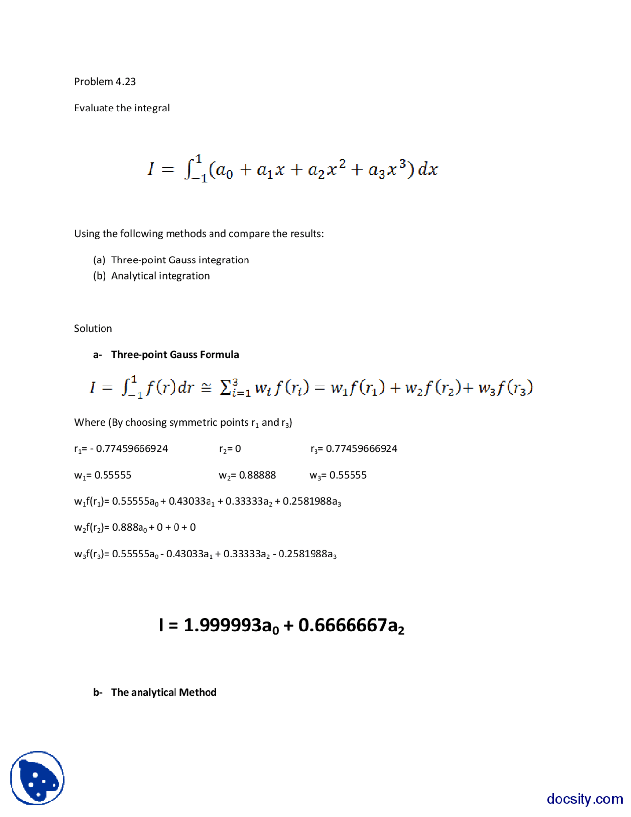Gauss Integration 2 Finite Element Method Assignment Solution Docsity