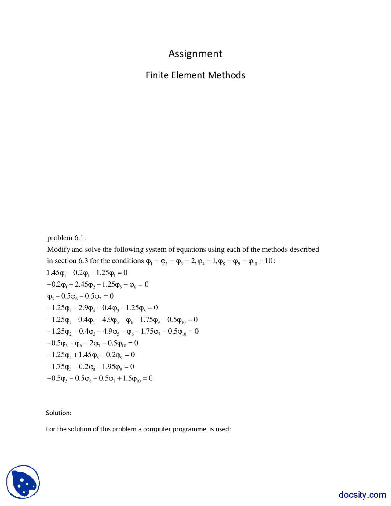 The Assembly Procedure Finite Element Method Assignment Solution Docsity