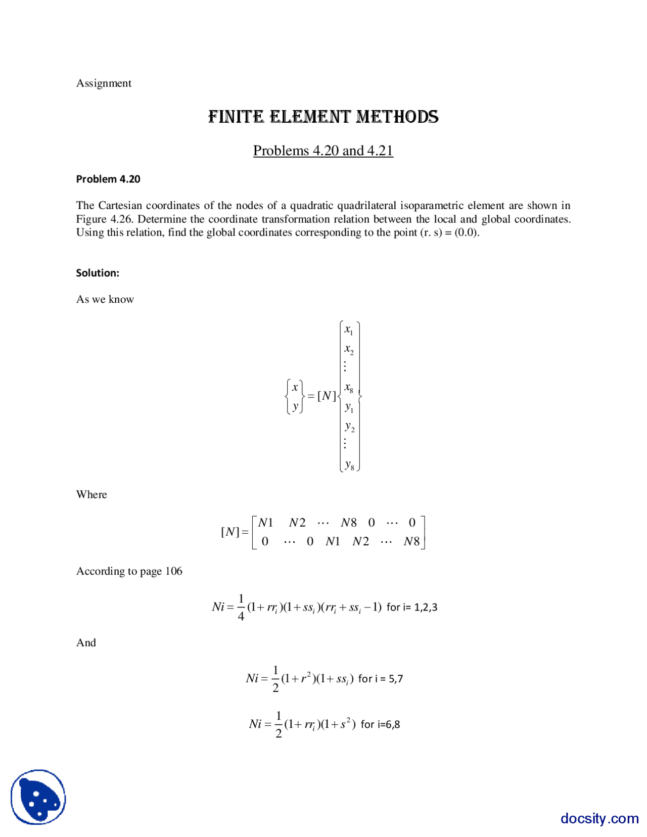 Coordinate Transformation Relation Finite Element Method Assignment Solution Docsity