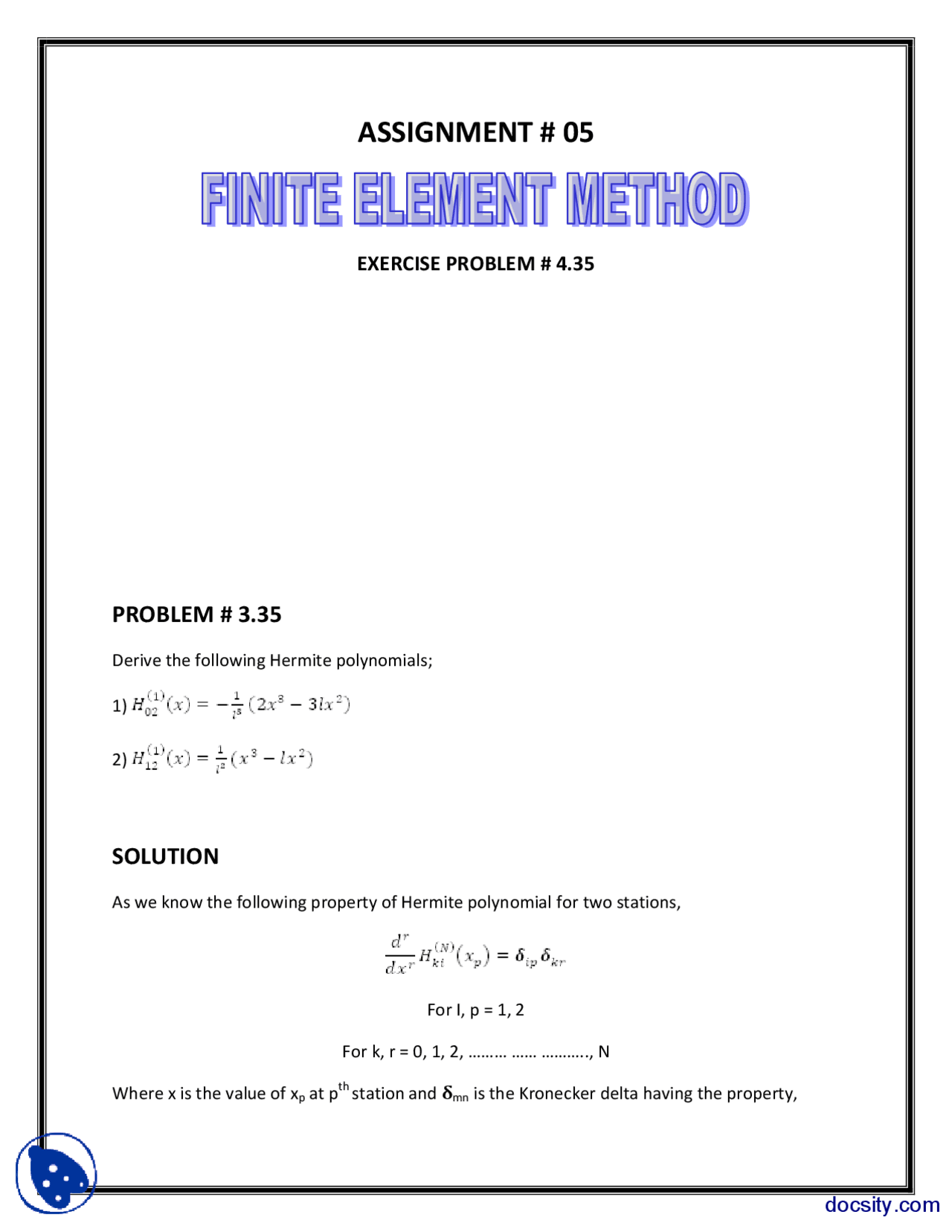 Hermite Polynomials Finite Element Method Assignment Solution Docsity