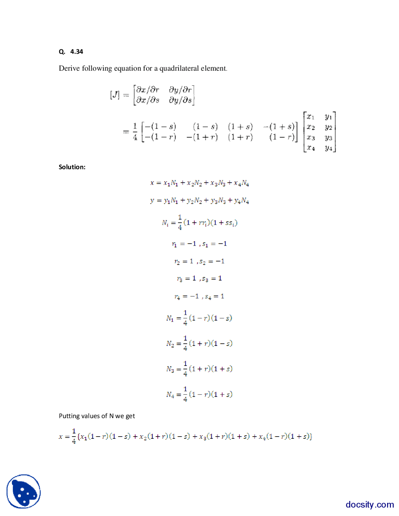 Quadrilateral Element 2 Finite Element Method Assignment Solution Docsity