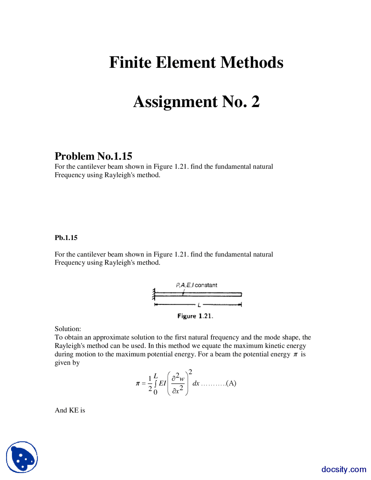 Rayleighs Method 2 Finite Element Method Assignment Solution Docsity