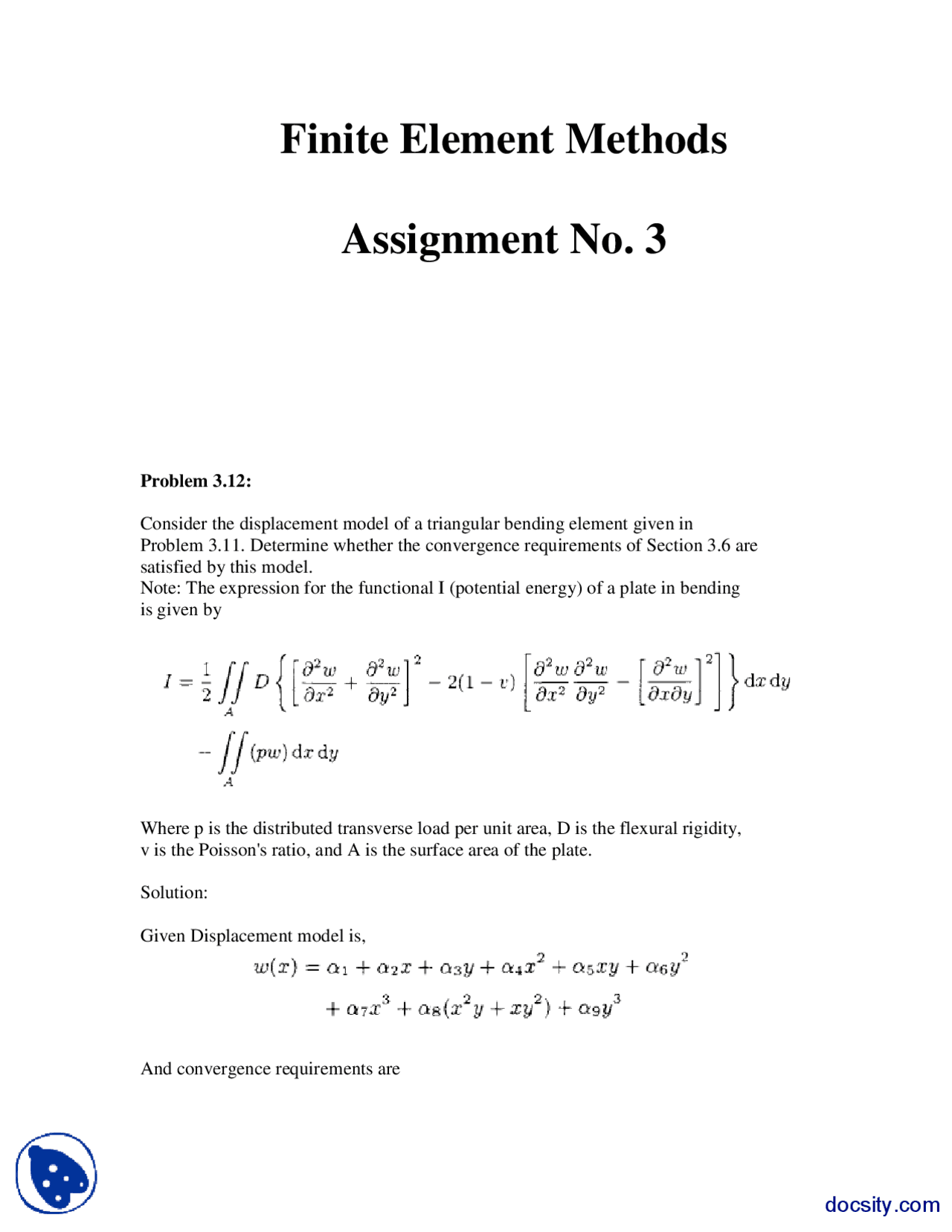 Convergence Requirements Finite Element Method Assignment Solution