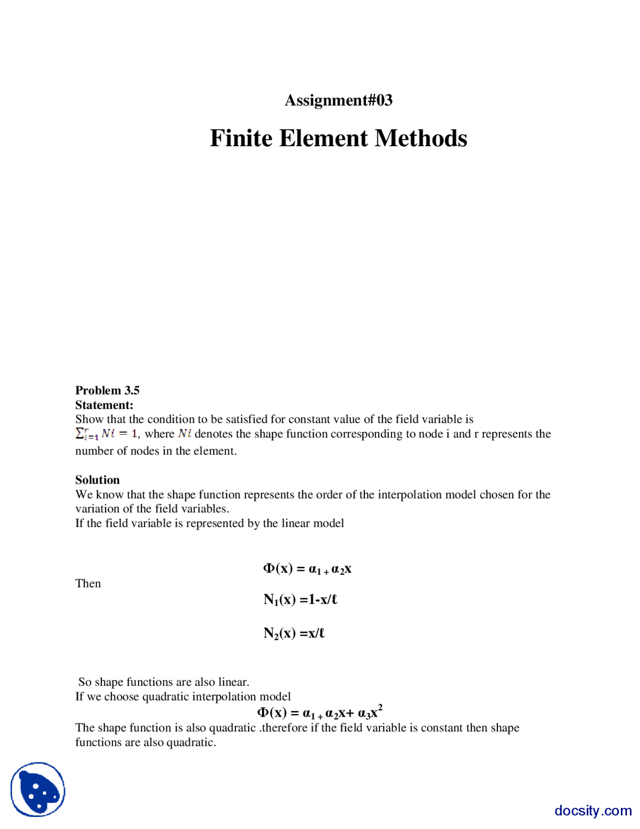 Shape Functions 2 Finite Element Method Assignment Solution Docsity