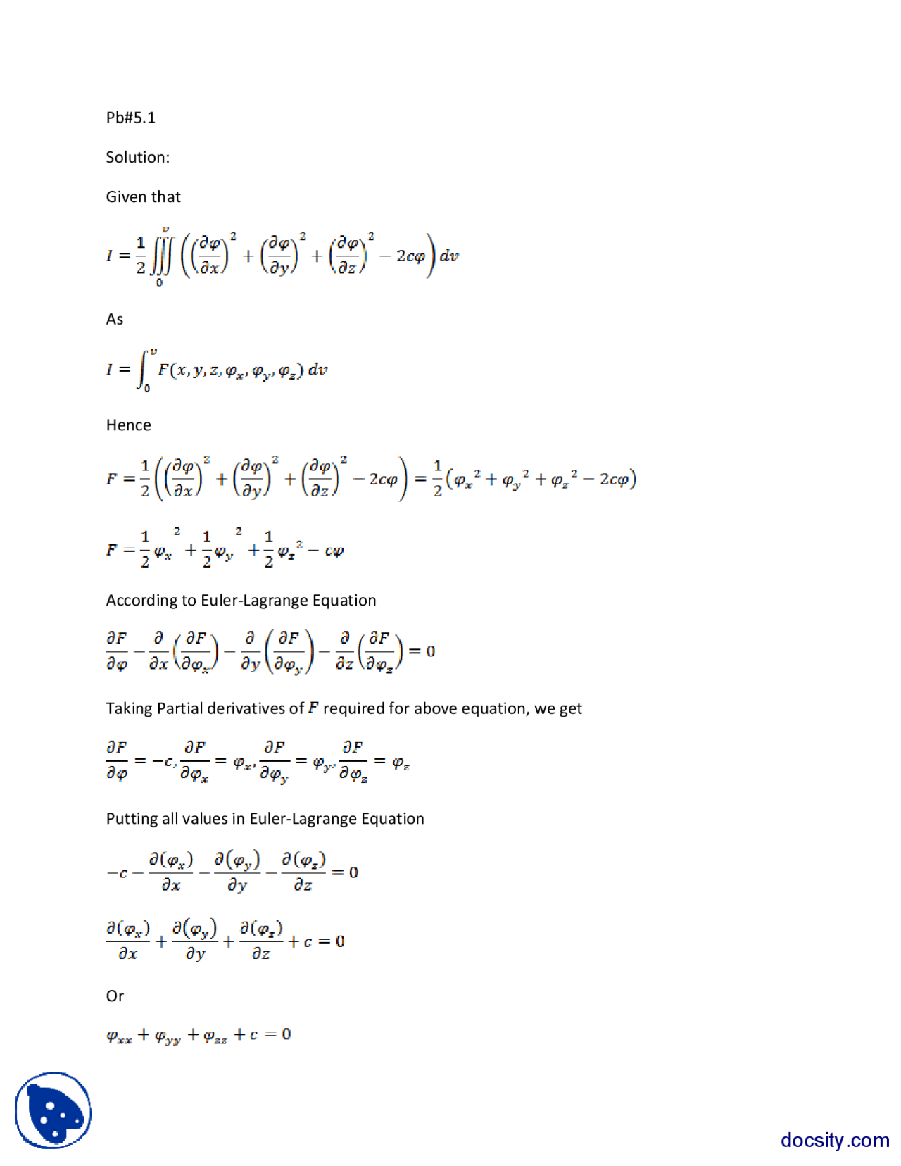 Euler Lagrange Equation Finite Element Method Assignment Solution Docsity