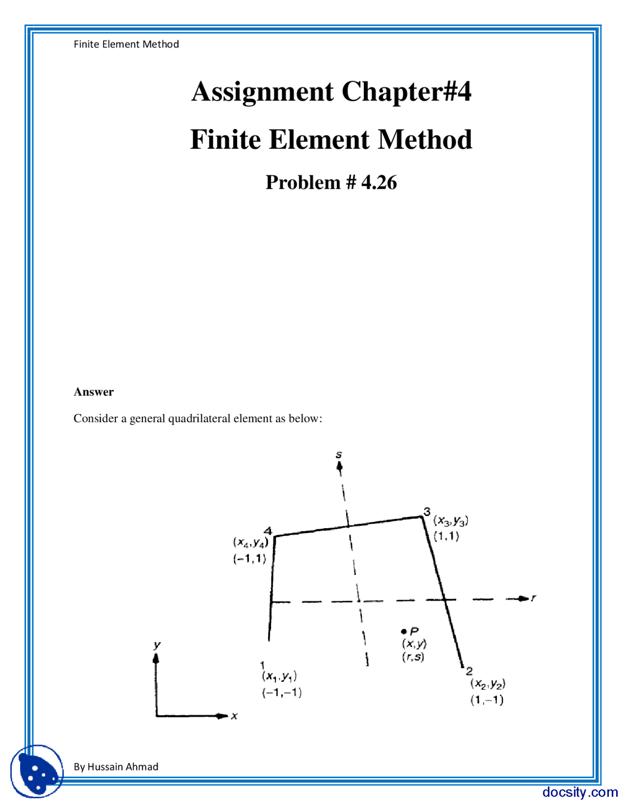 Quadrilateral Element 1 Finite Element Method Assignment Solution Docsity