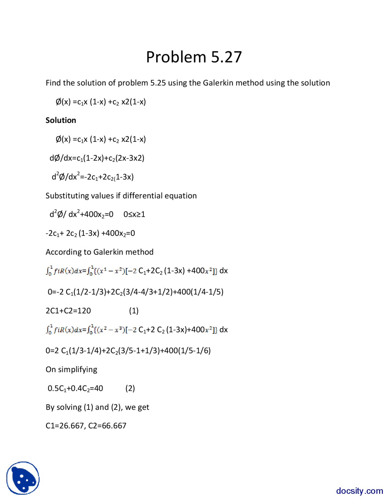 Galerkin Method 3 Finite Element Method Assignment Solution Exercises Mathematical Methods For