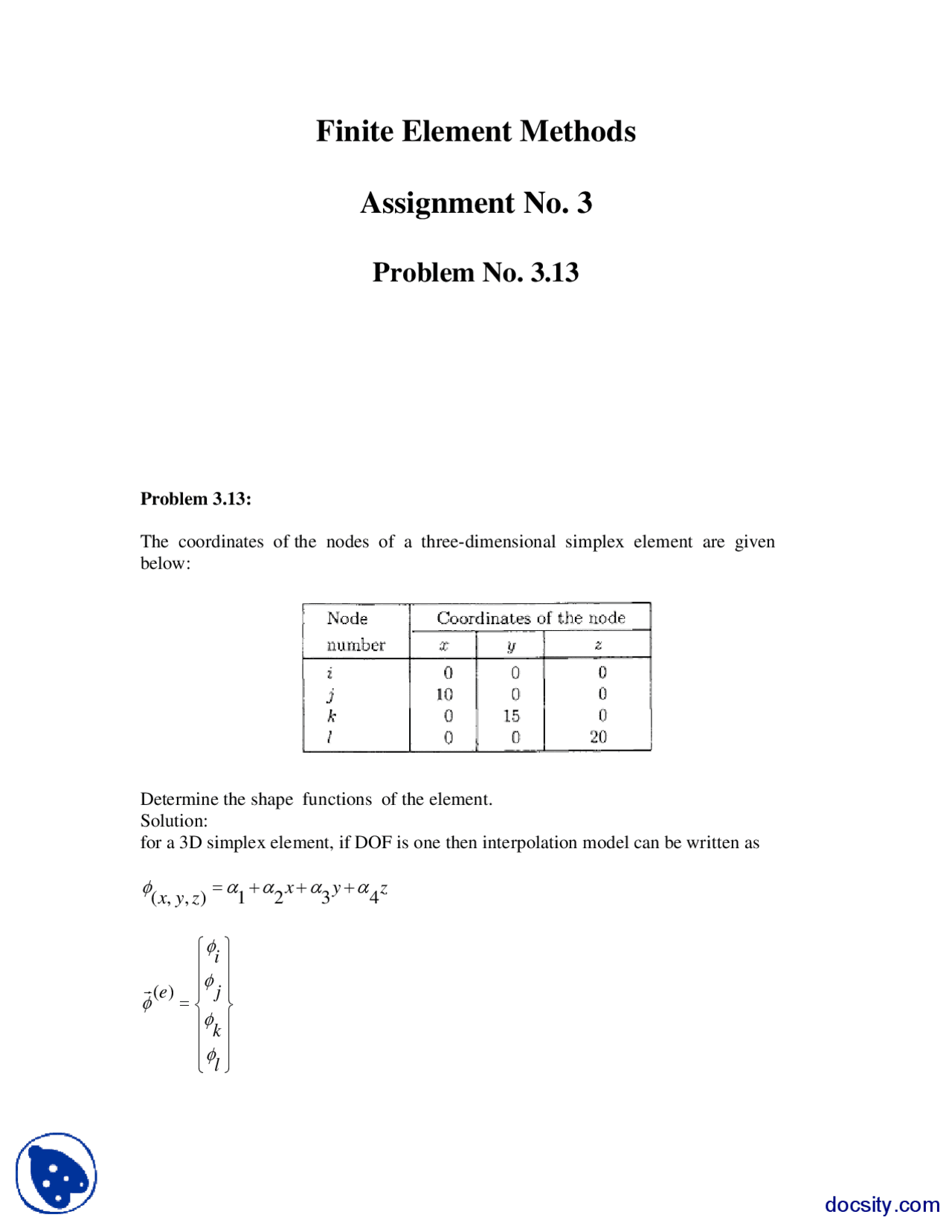 Shape Functions 5 Finite Element Method Assignment Solution Docsity