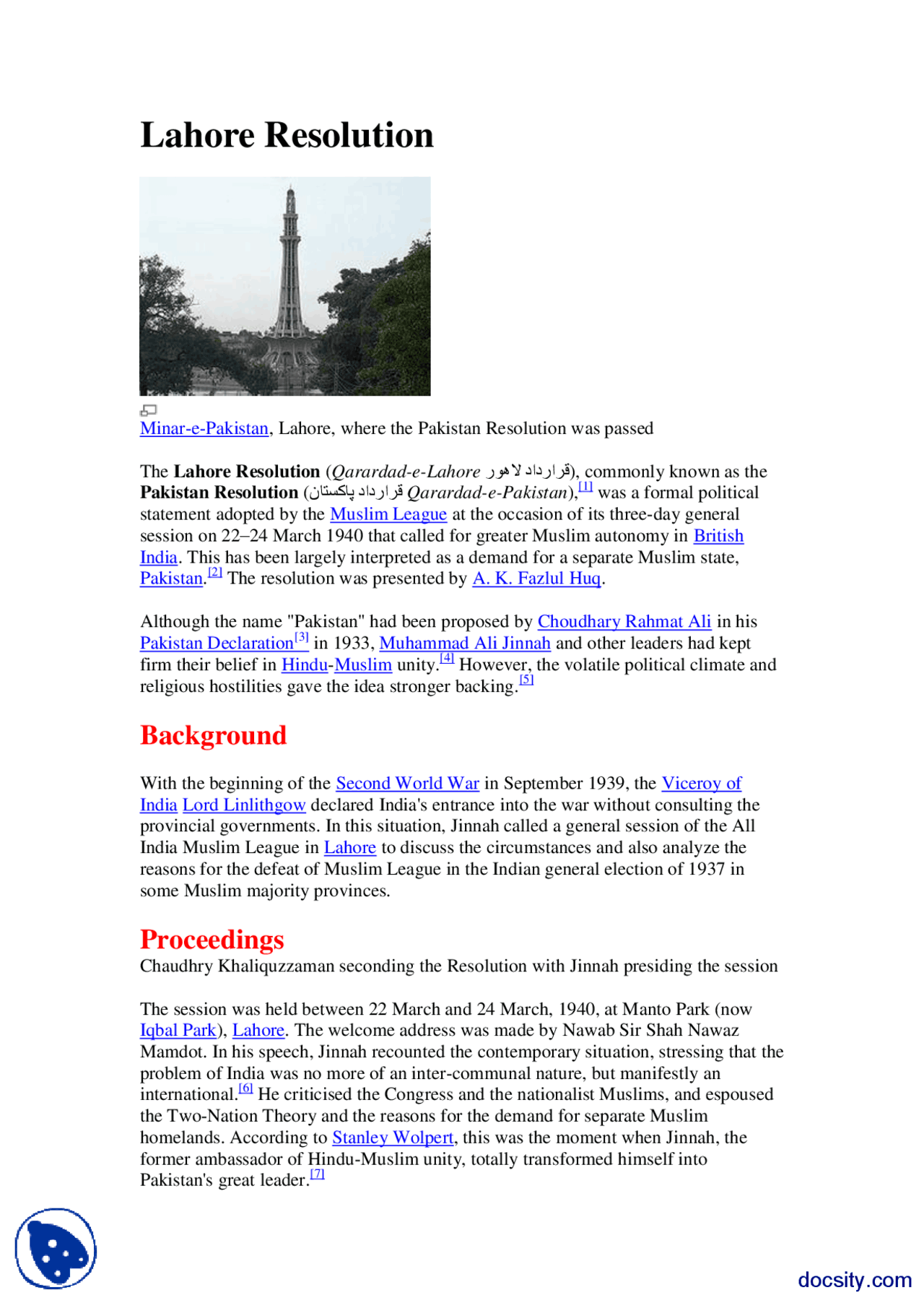 Lahore Resolution-Pakistan Studies-Handout - Docsity