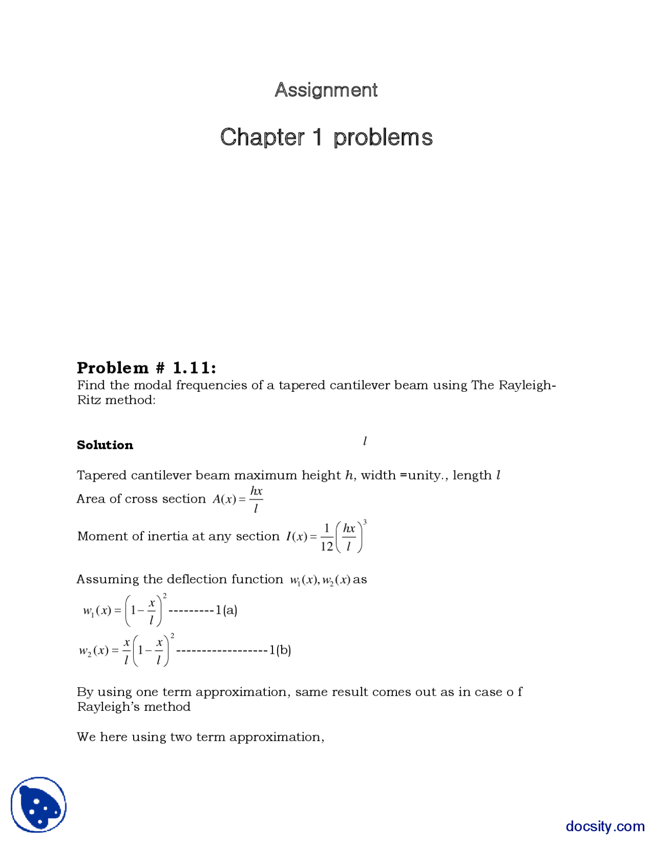 Rayleigh Ritz Method 2-Finite Element Method-Assignment Solution - Docsity
