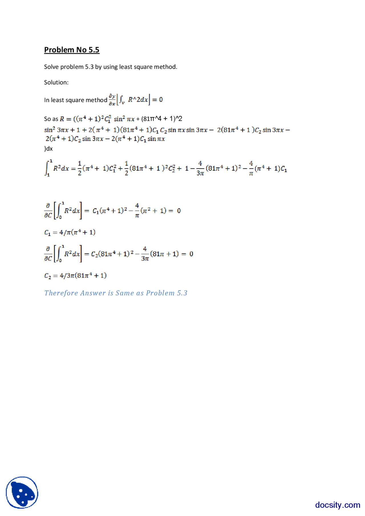 Least Square Method Finite Element Method Assignment Solution Docsity