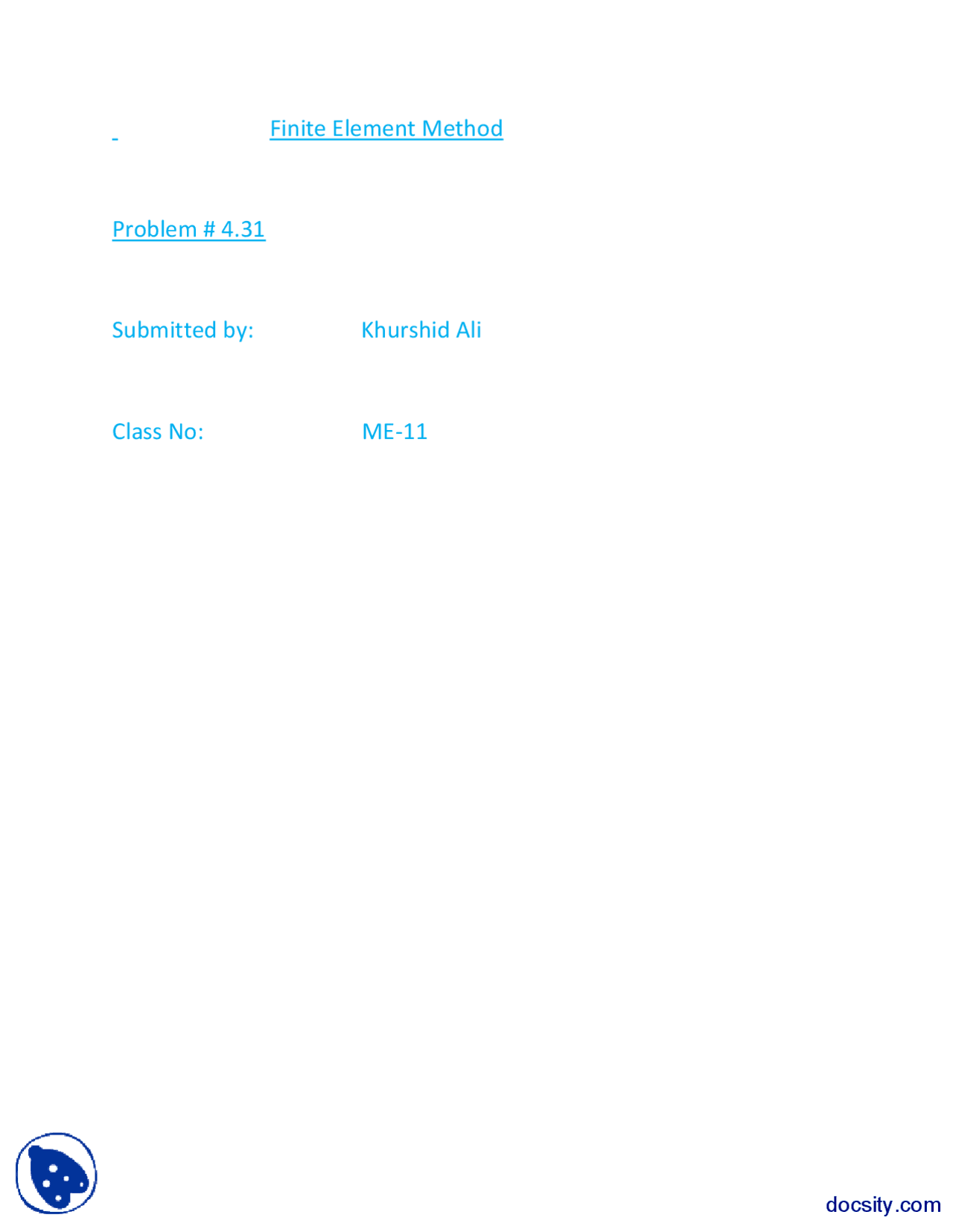 Cubin One Dimensional Element Finite Element Method Assignment Solution