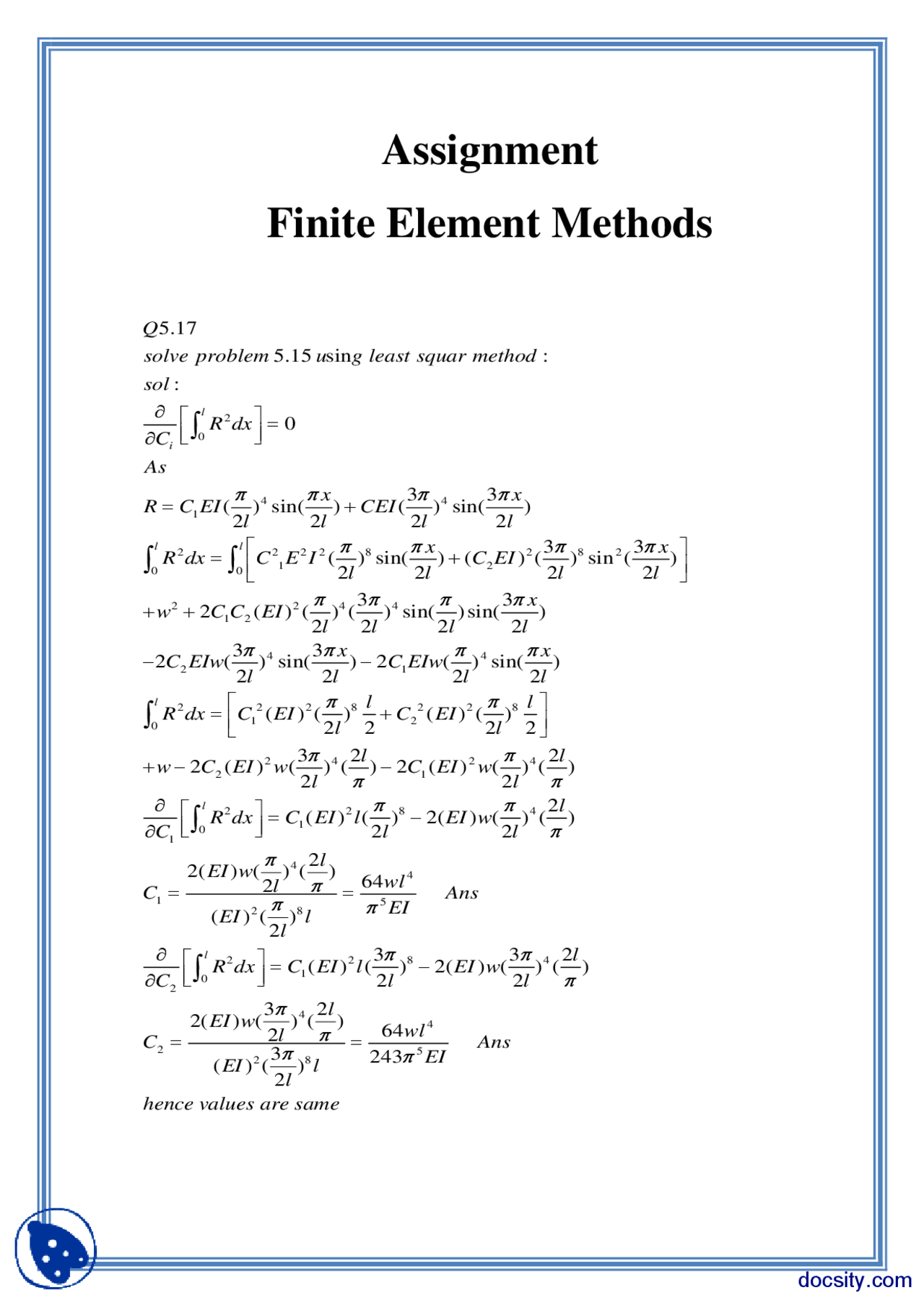 Least Square Method 2 Finite Element Method Assignment Solution Docsity