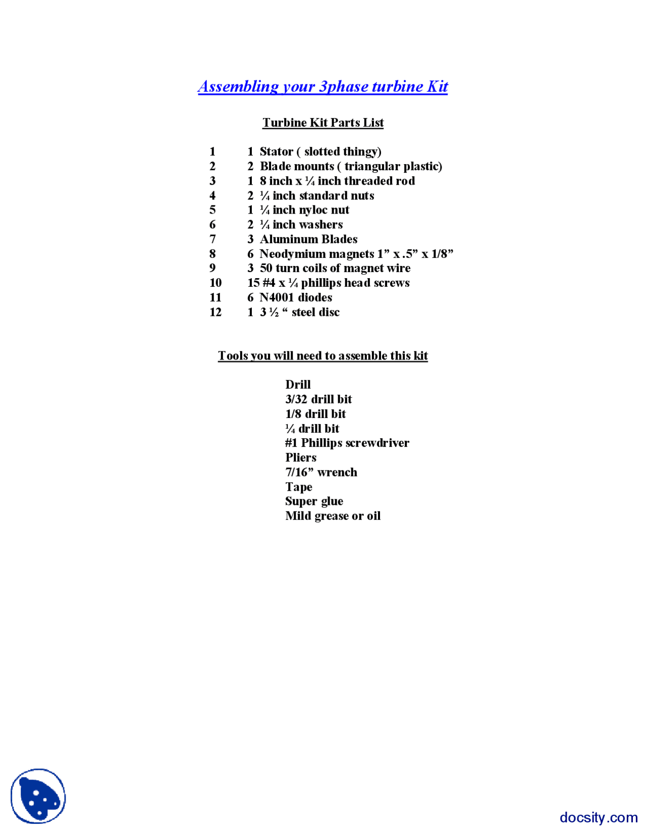 Assembling Your 3 Phase Turbine Kit Wind Energy Handout Docsity