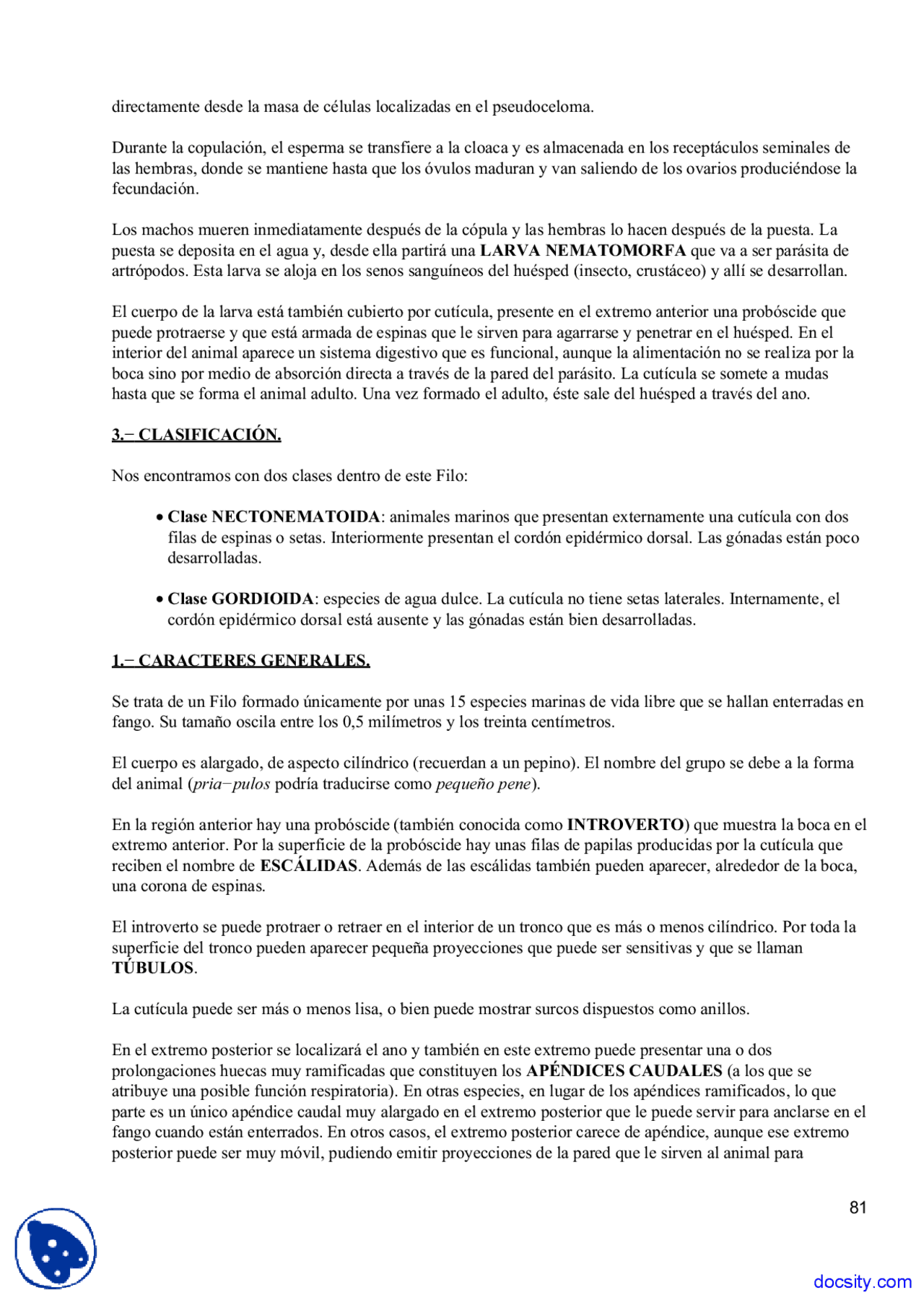 Filo Priapúlidos - Zoología de invertebrados - Apuntes - Docsity