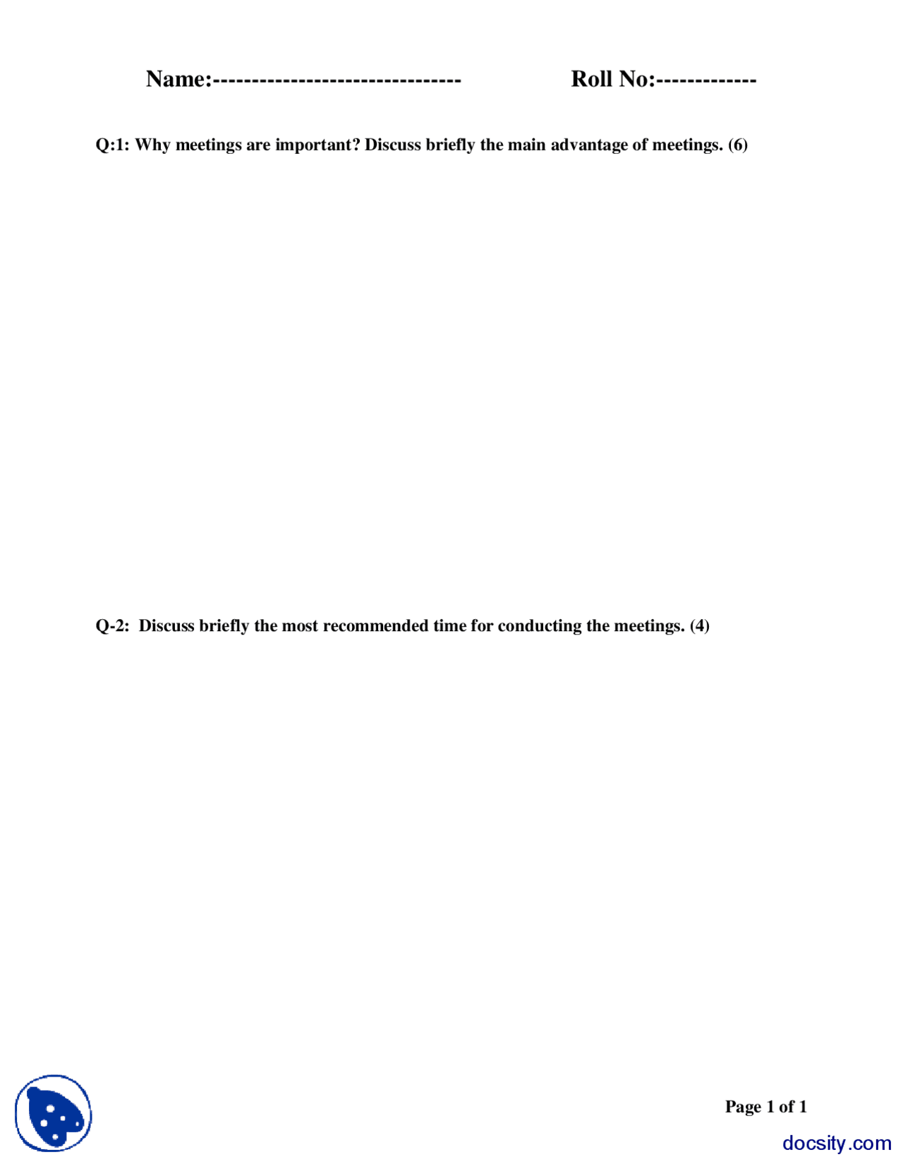 Meetings And Their Importance Communication Skills Quiz Docsity