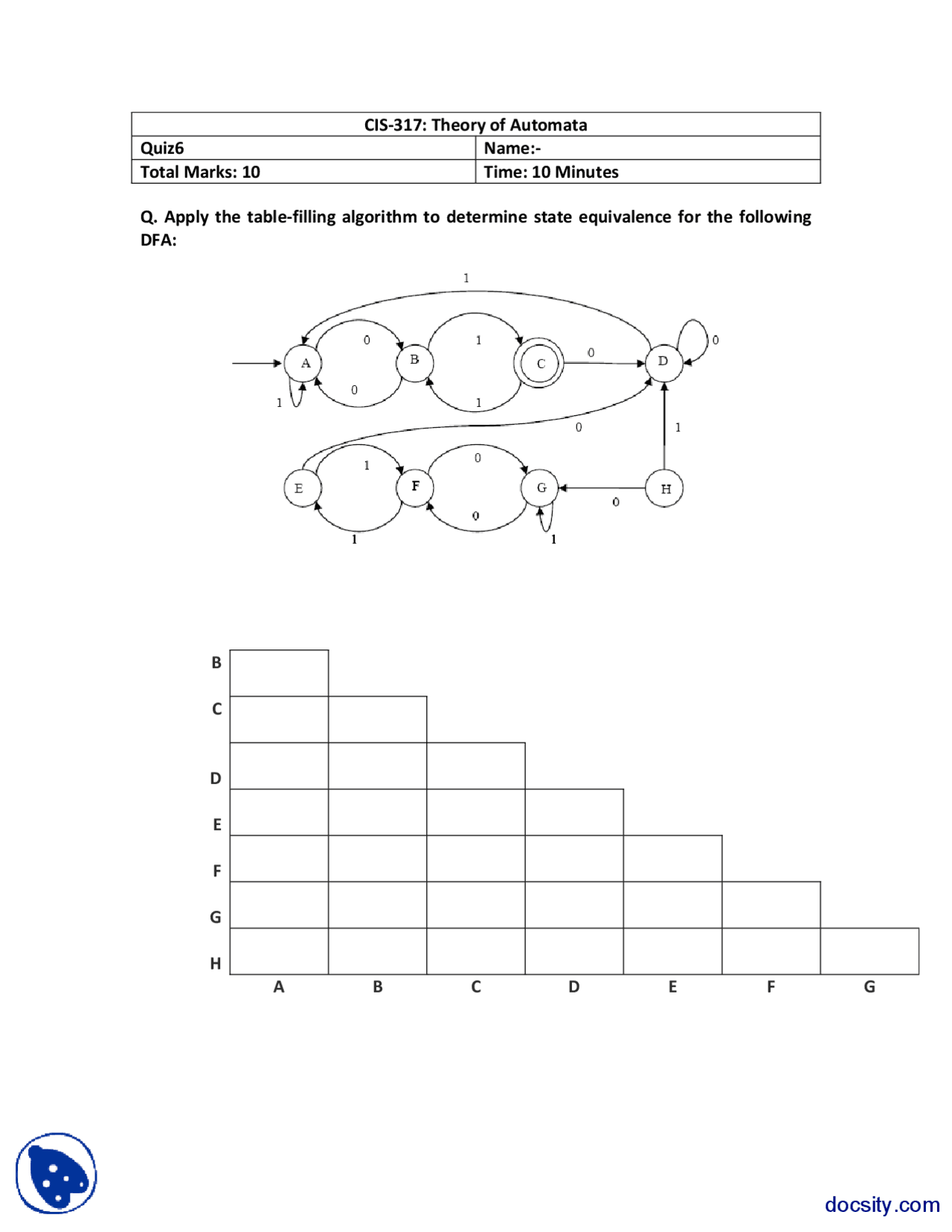 Table Filling Algorithm-Theory of Automata-Quiz - Docsity