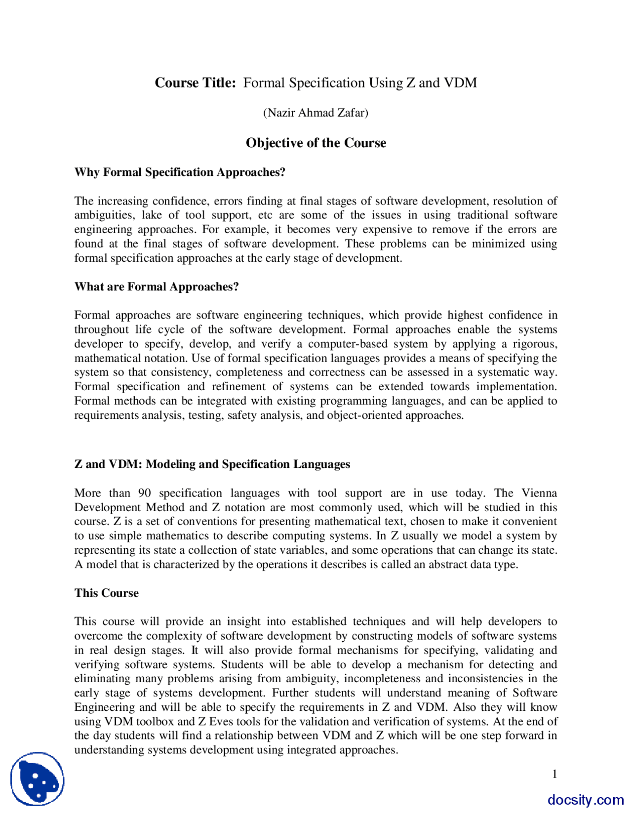 Course Contents Formal Specification Methods In Software Development