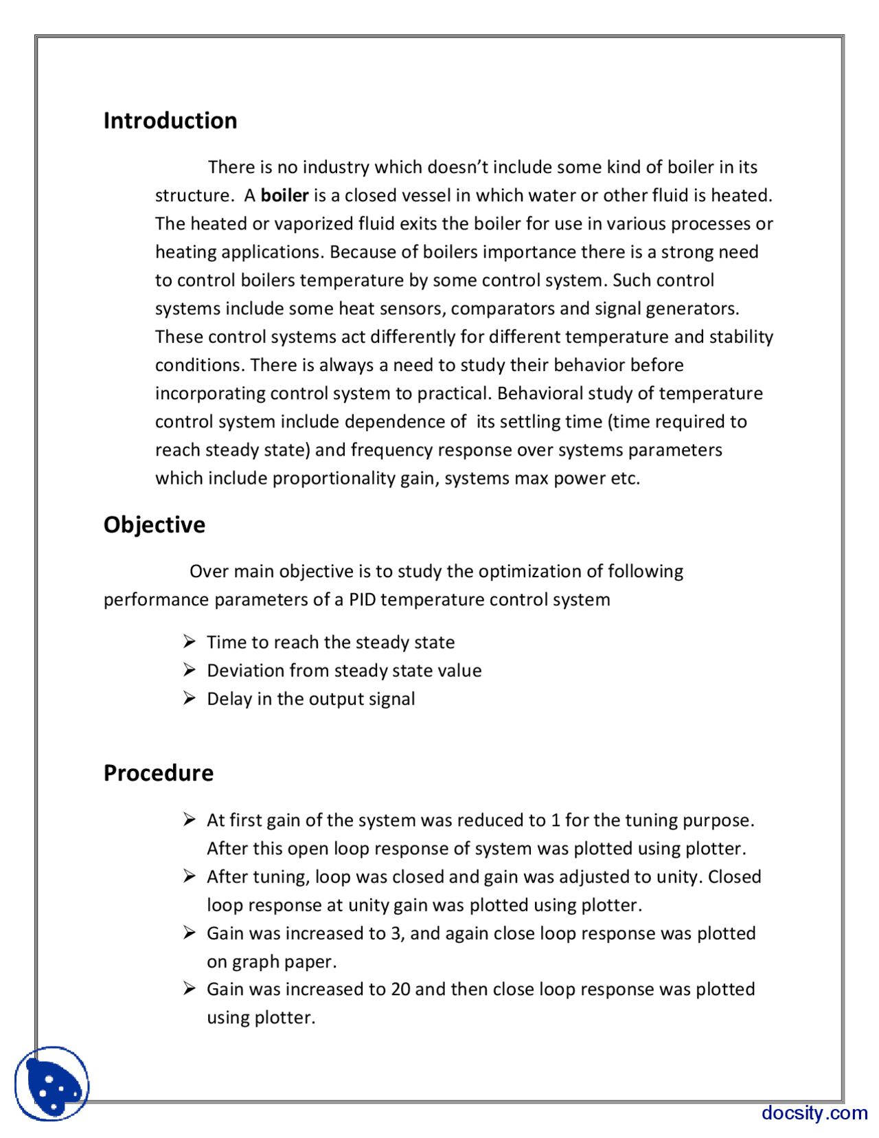 Boiler Linear Control Systems Lab Report Docsity