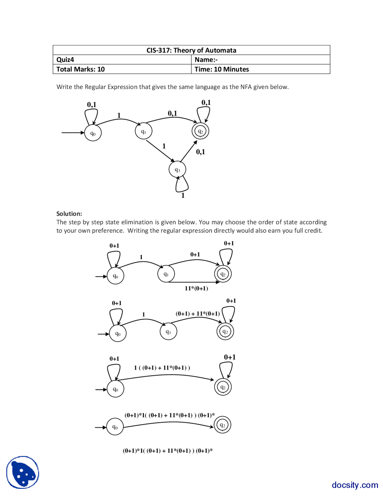 Nfa Regular Expression Theory Of Automata Quiz Solution Docsity