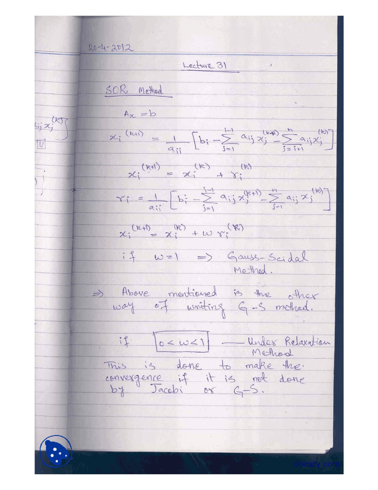 Sor Method Numerical Methods Lecture Notes Docsity