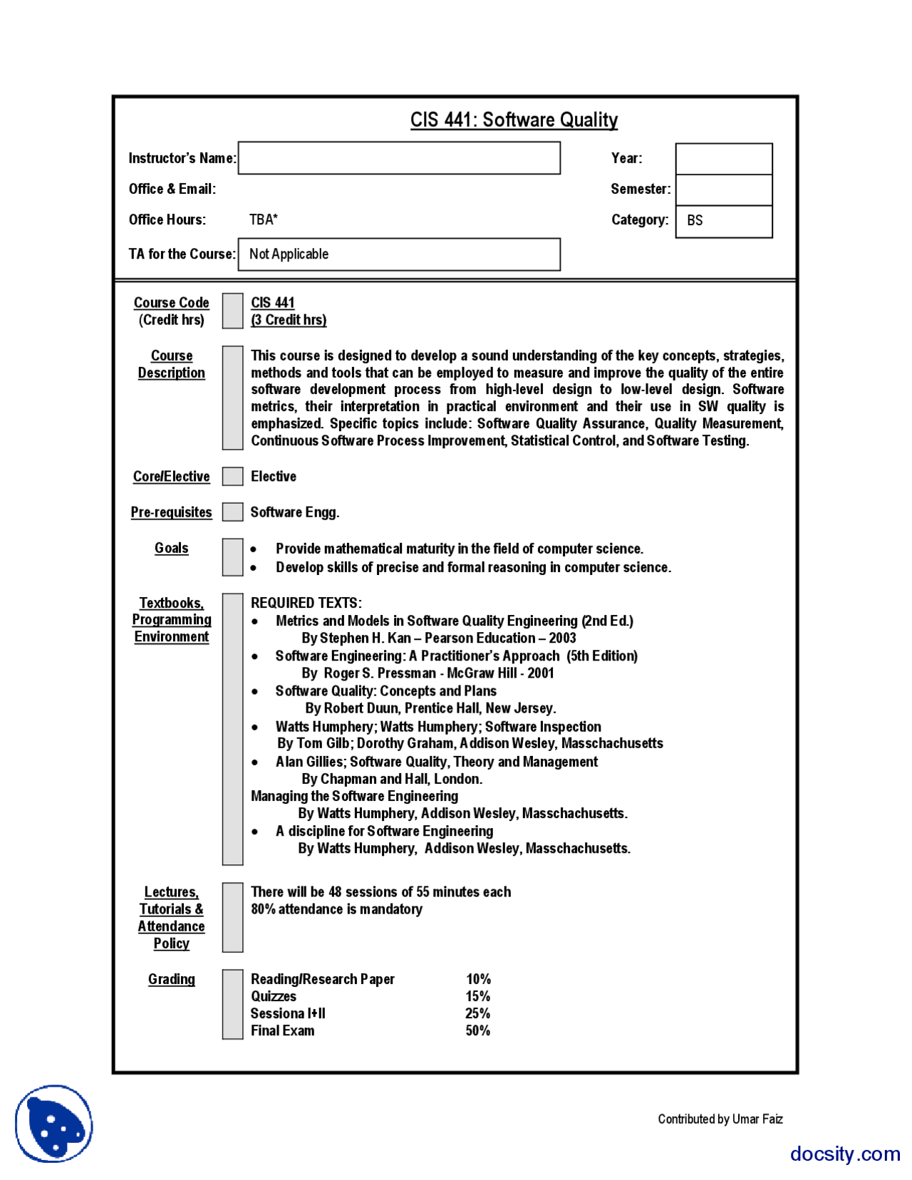 Course File Software Quality Handout Exercises Software Development Methodologies Docsity