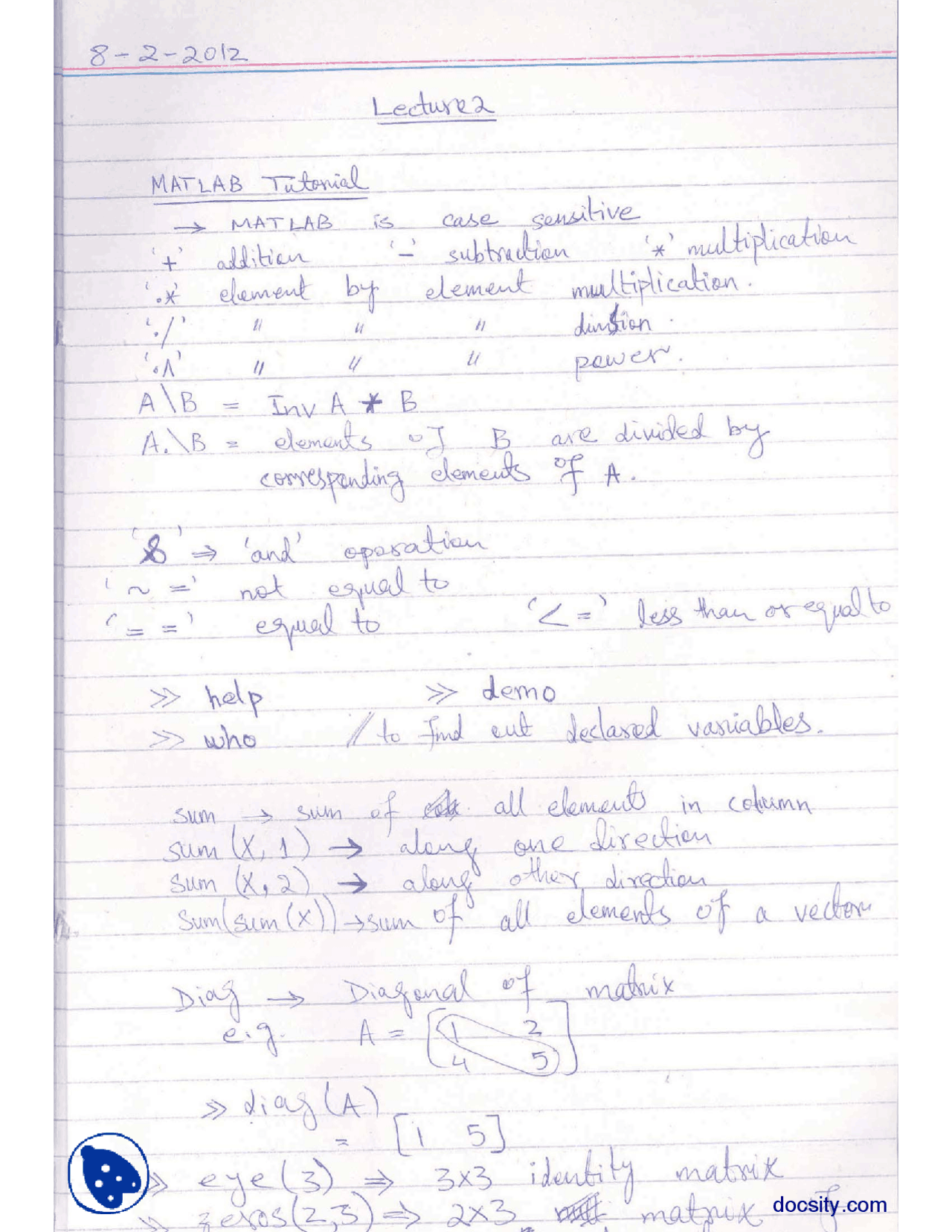 Matlab Basic Tutorial Numerical Methods Lecture Notes Docsity