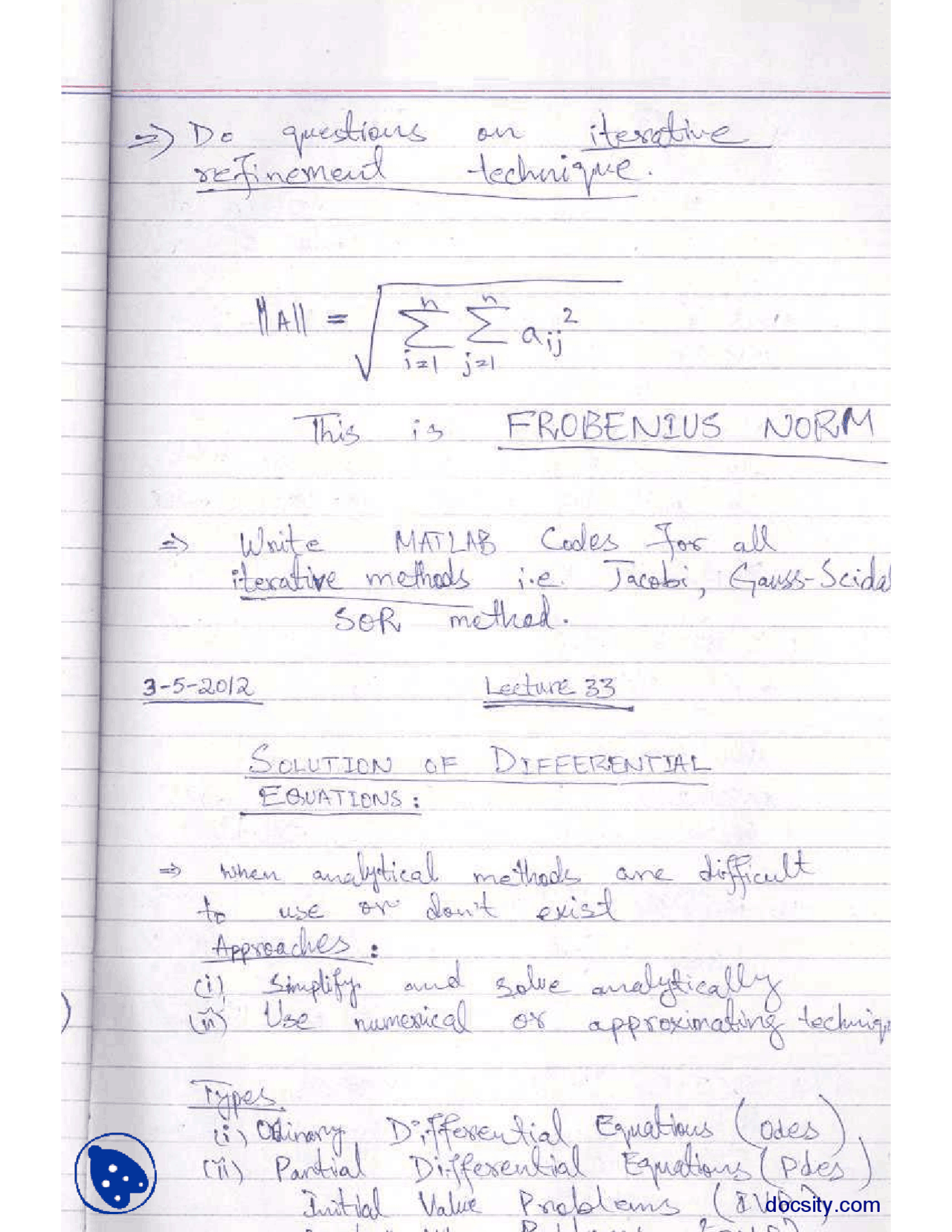Solution Of Differential Equations Numerical Methods Lecture Notes