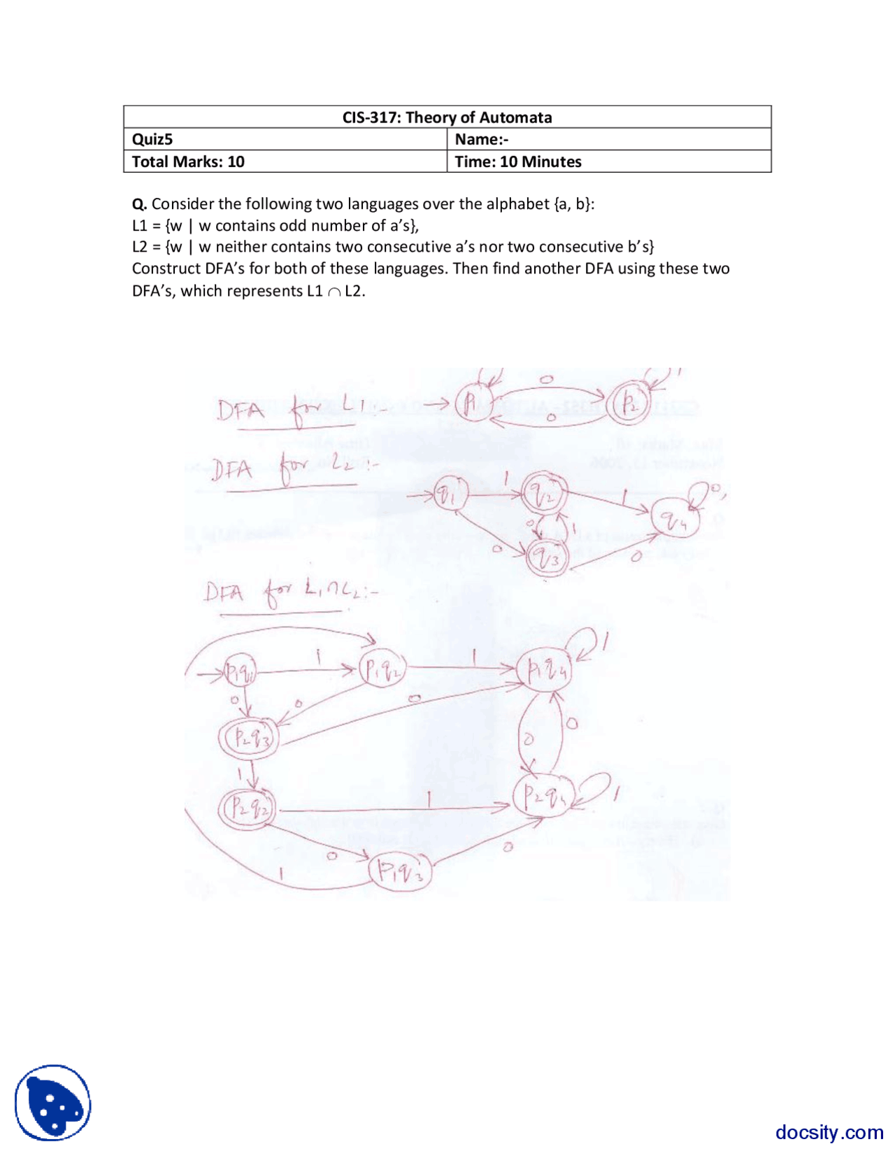 Dfa Representations Theory Of Automata Quiz Solution Docsity