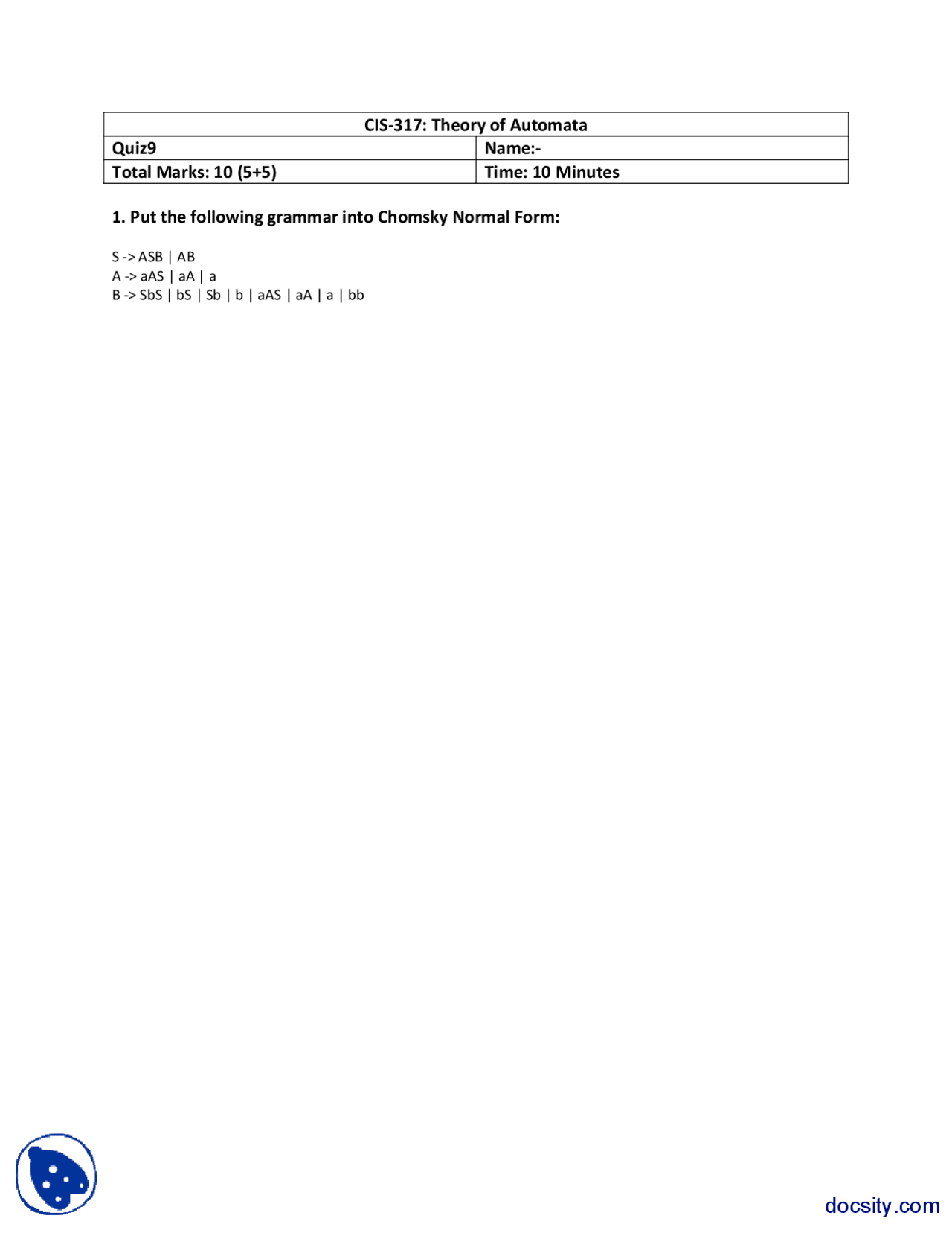 Chomsky Normal Form-Theory of Automata-Quiz - Docsity