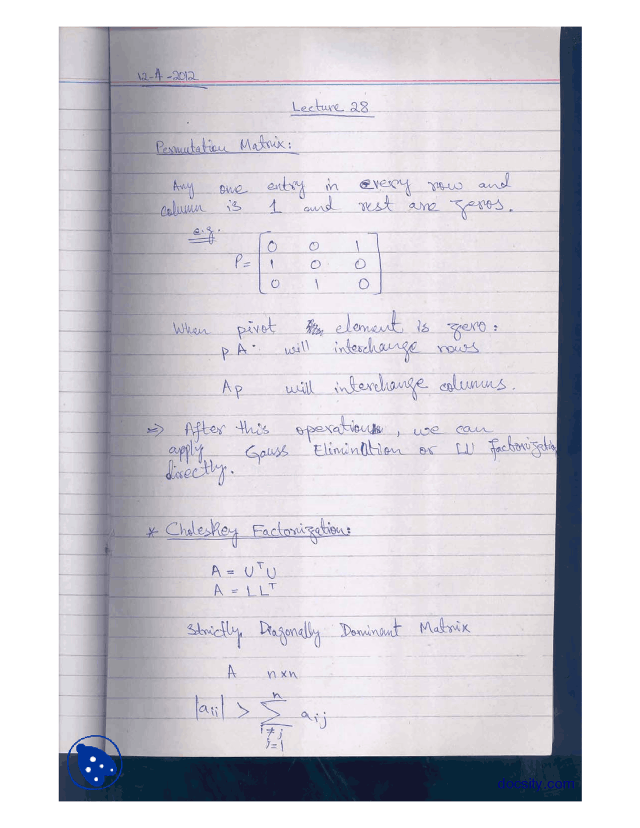 Cholesky Factorization Numerical Methods Lecture Notes Docsity