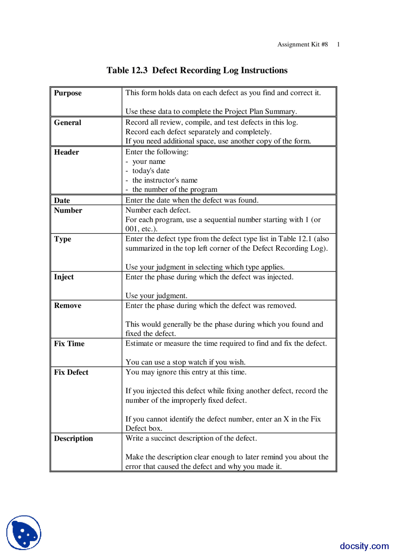 Defect Recording Log Instructions Codes And Instructions Software